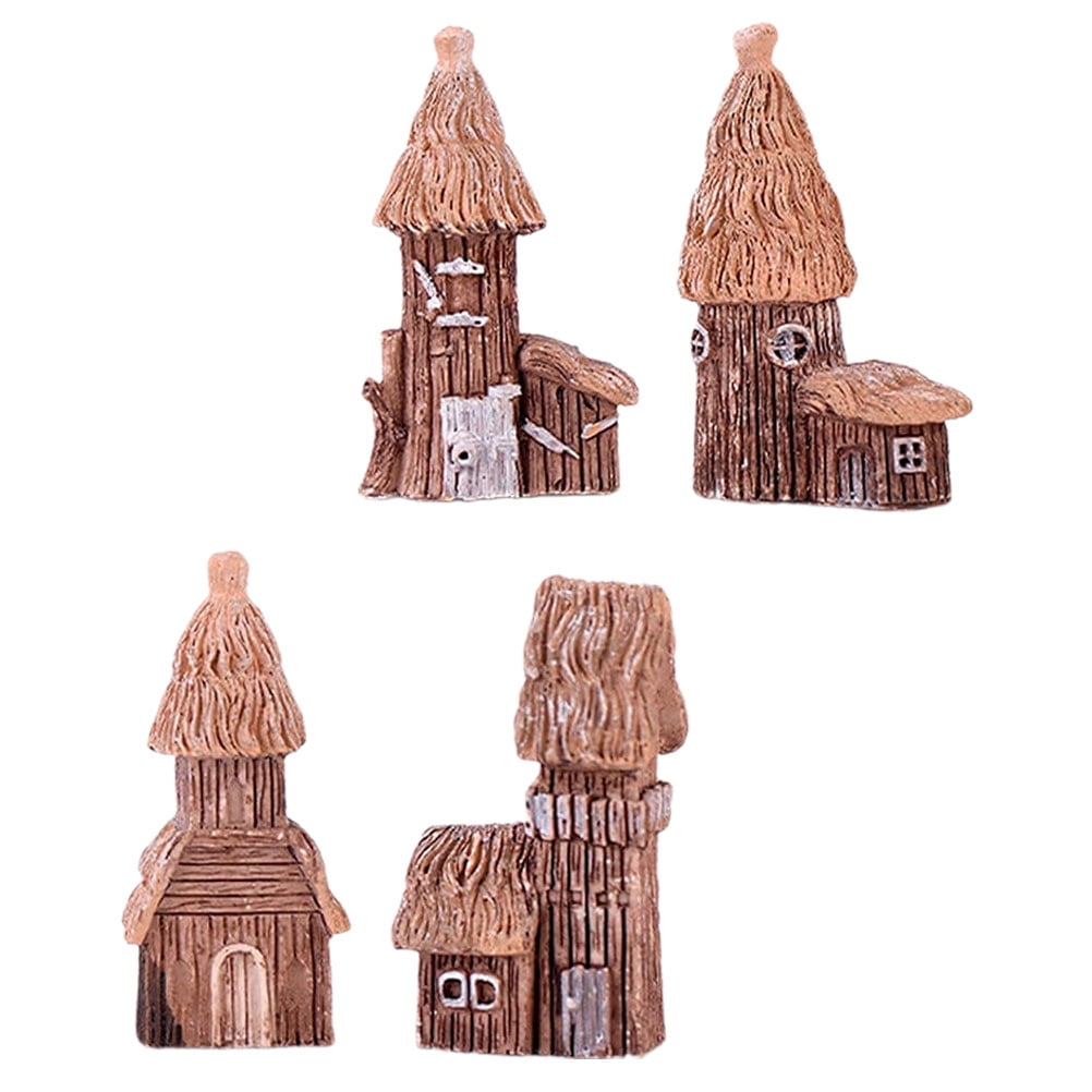 FONDOTIN Resin Village House Figurine Wooden Style Appearance 4Pcs 2 ...
