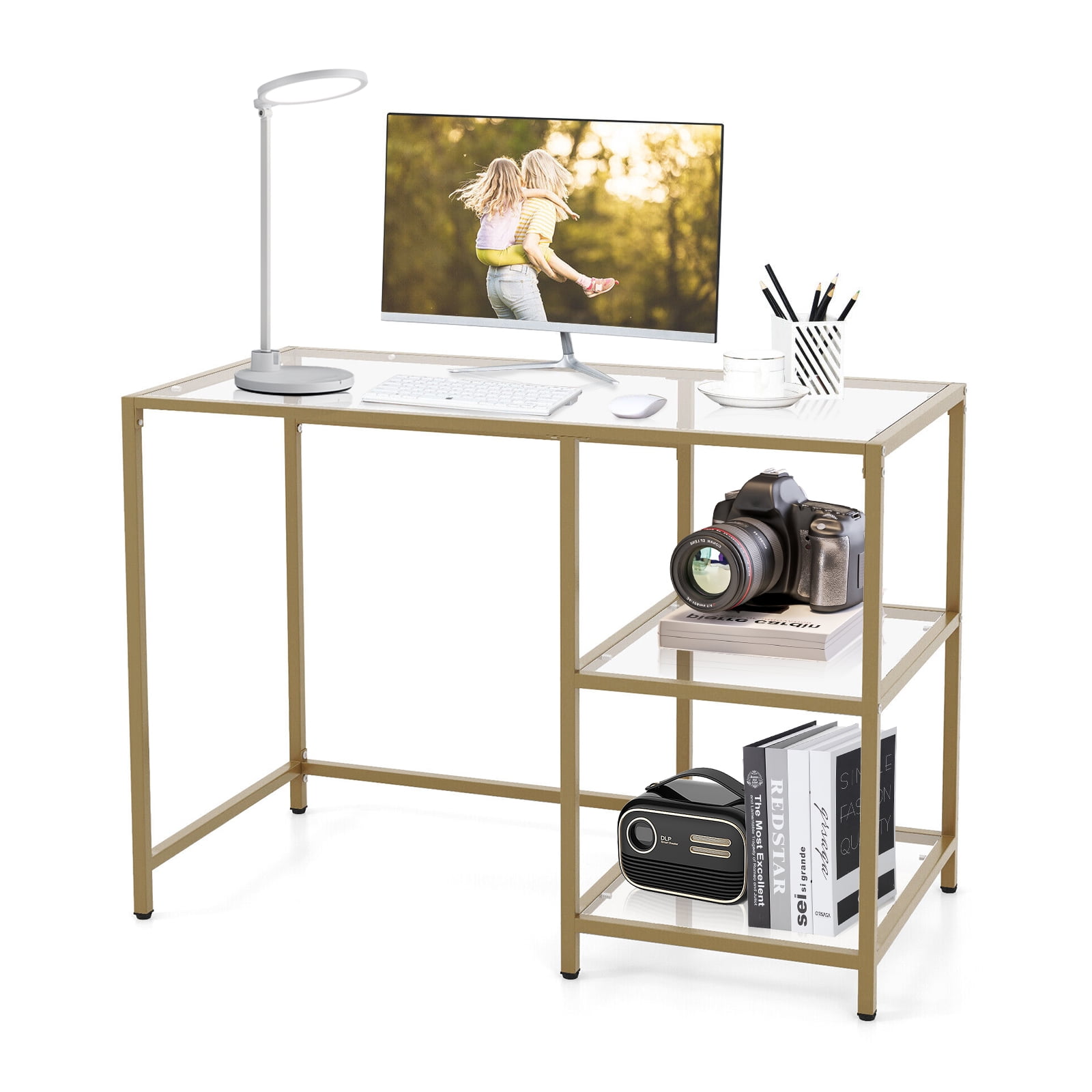 FONIRRA Contemporary Glass-Top Computer Desk Modern Workstation with ...