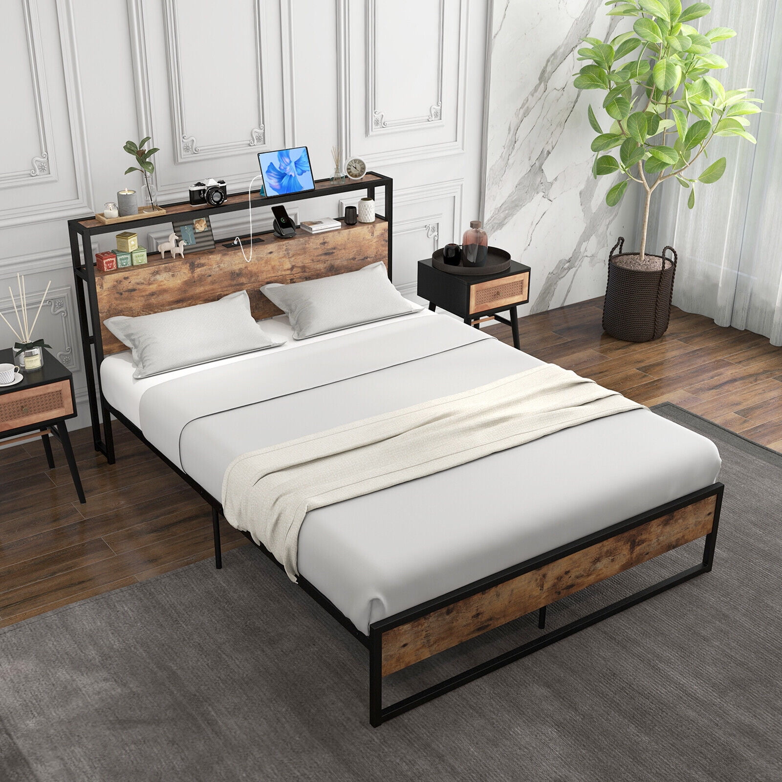 FONIRRA Full Size Industrial Metal Platform Bed Frame with Charging ...