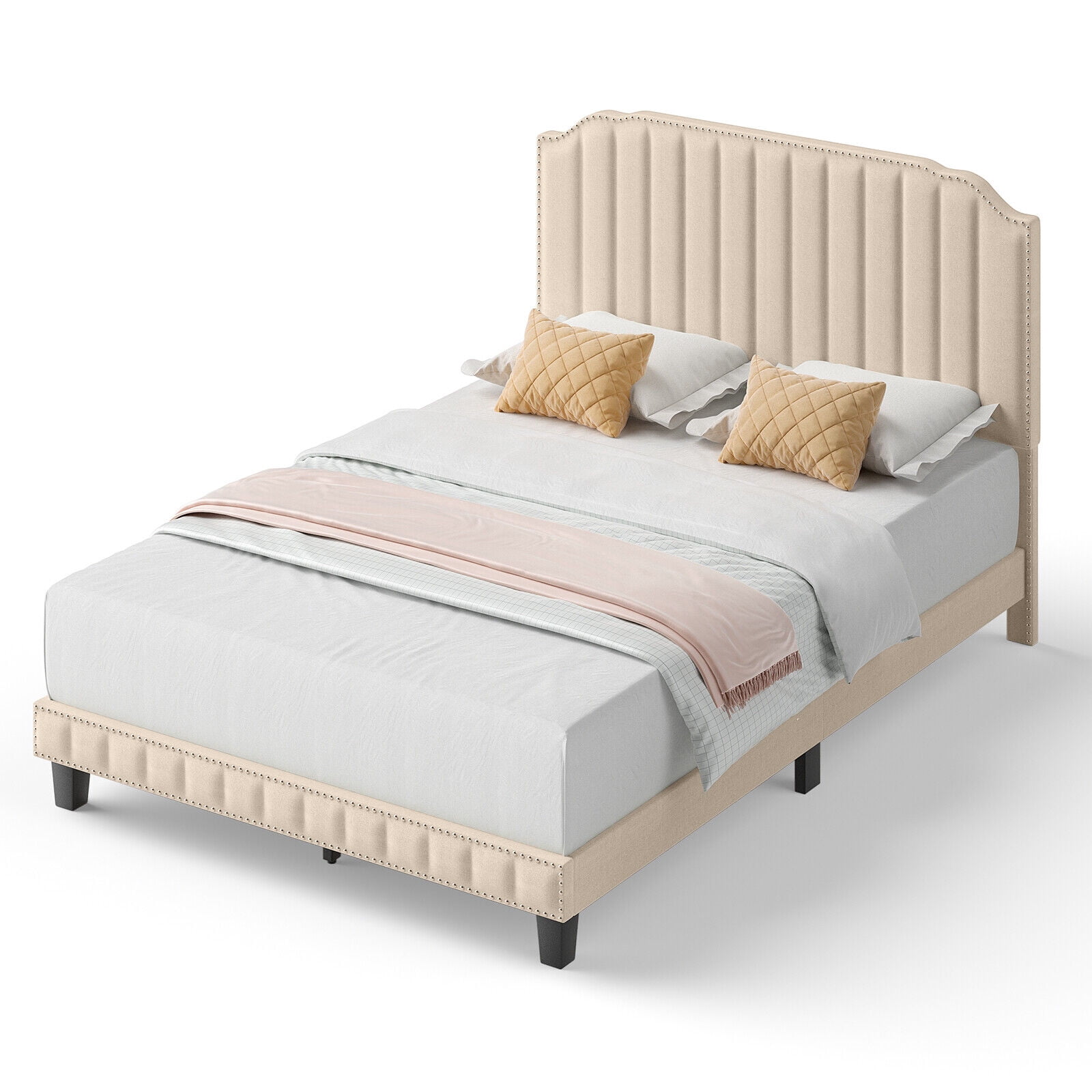 FONIRRA Full Upholstered Bed Frame with linen Fabric & Vertical lines ...