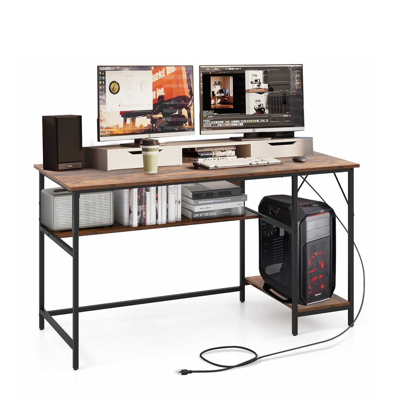 FONIRRA Home Office 55" Computer Desk with 4 Power Outlet USB Ports and ...