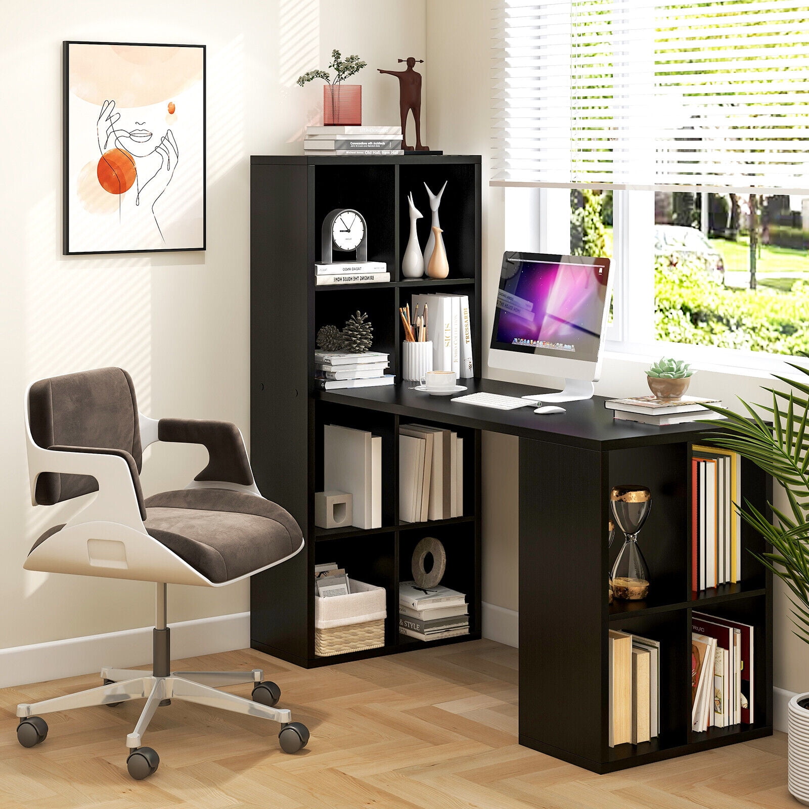 FONIRRA Home Office Computer Desk with Bookshelf 12 Cubes Storage ...