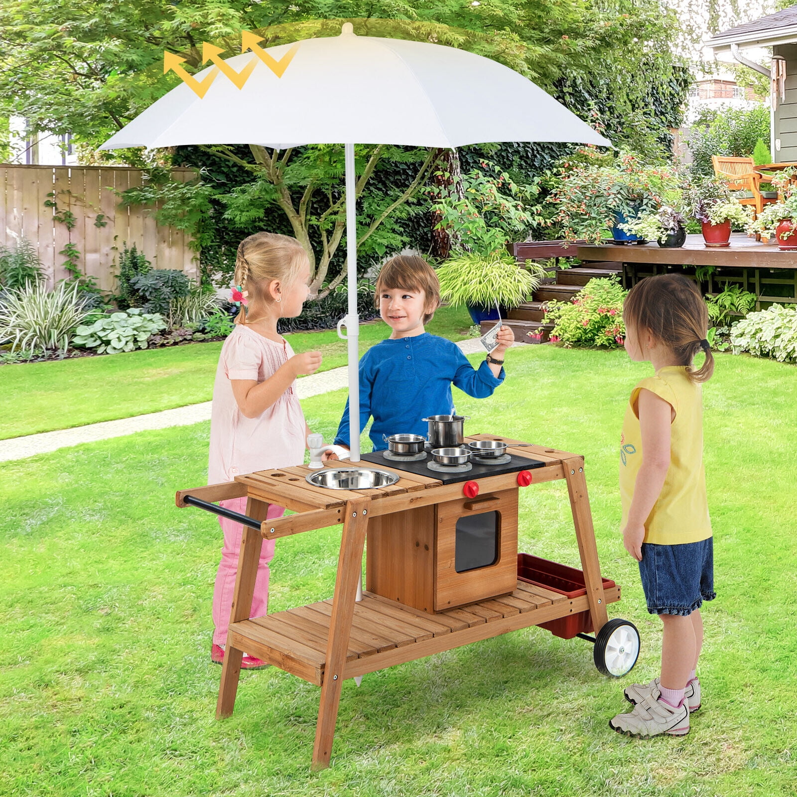 FONIRRA Children's Indoor Play Trolley with Sun Umbrella, Wooden Cart ...