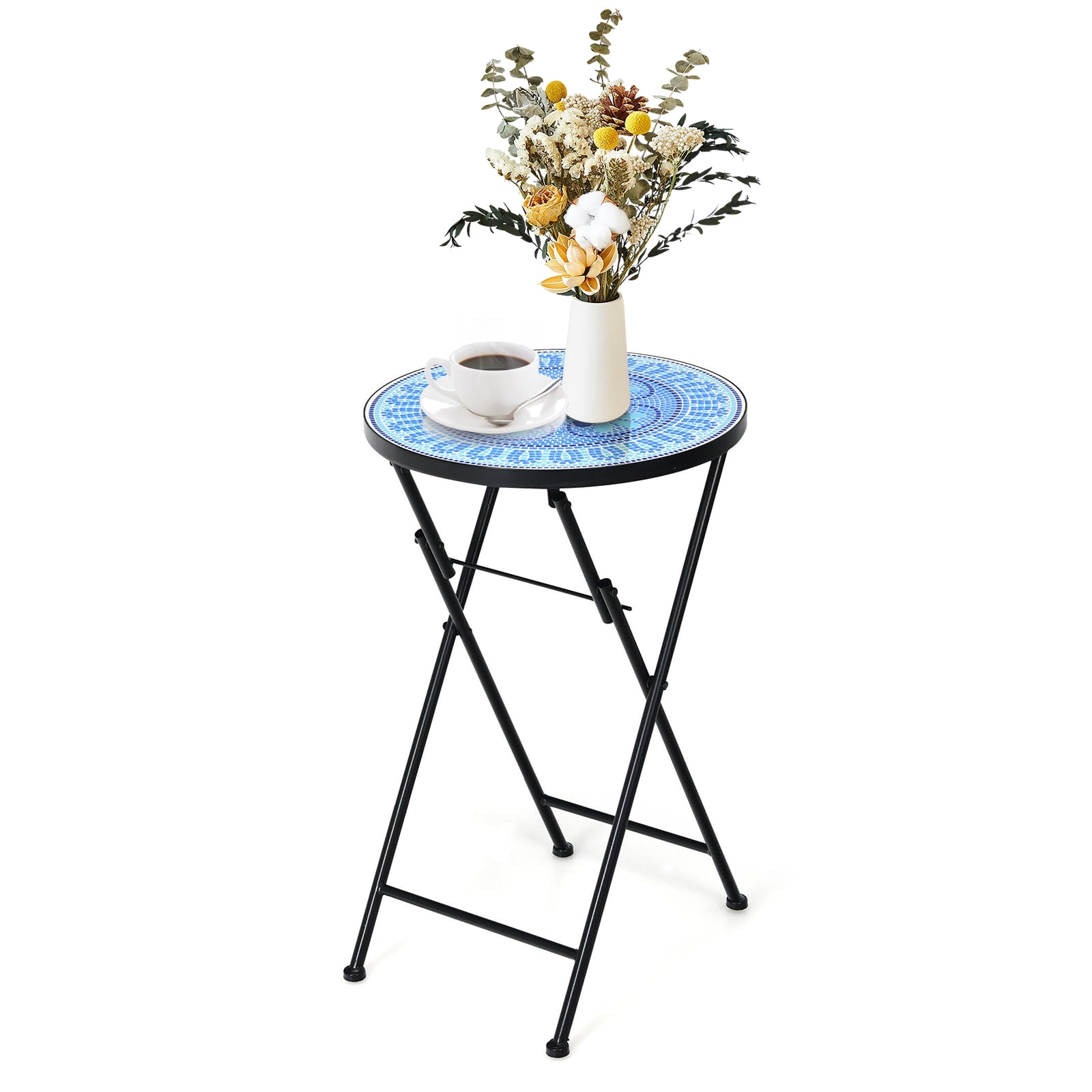 FONIRRA Mosaic Patio Side Table Folding Bistro Accent Table Plant Stand ...