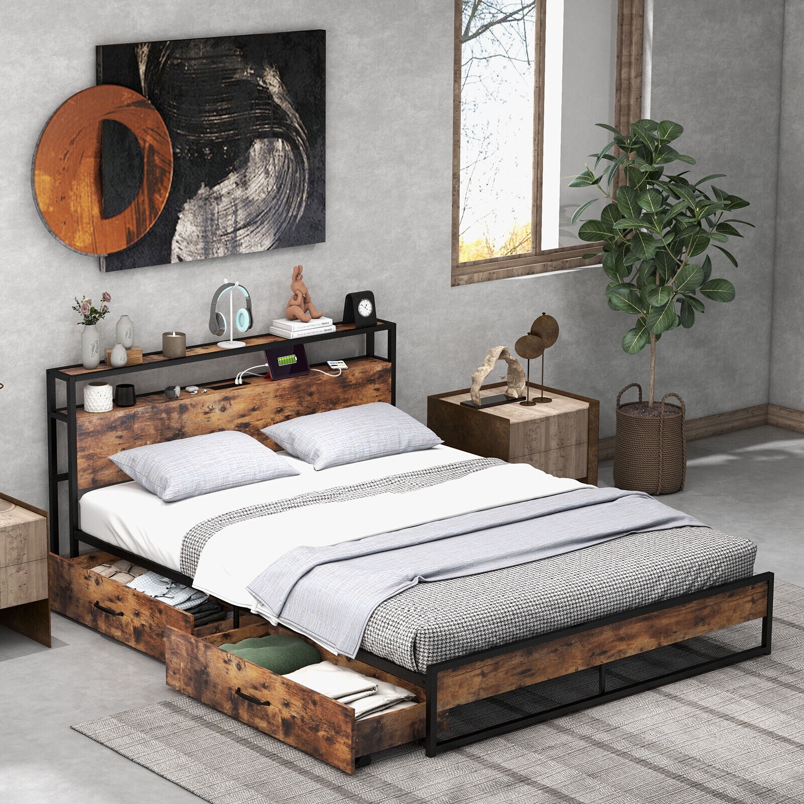 FONIRRA Queen Size Industrial Metal Platform Bed Frame with Charging ...