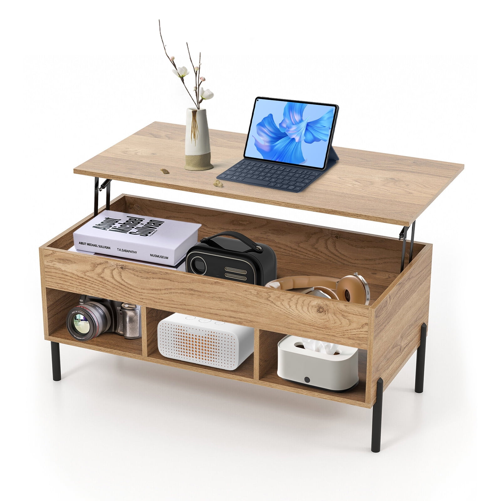 FONIRRA Wood Lift Top Coffee Table with Hidden Compartment & 3 Open ...