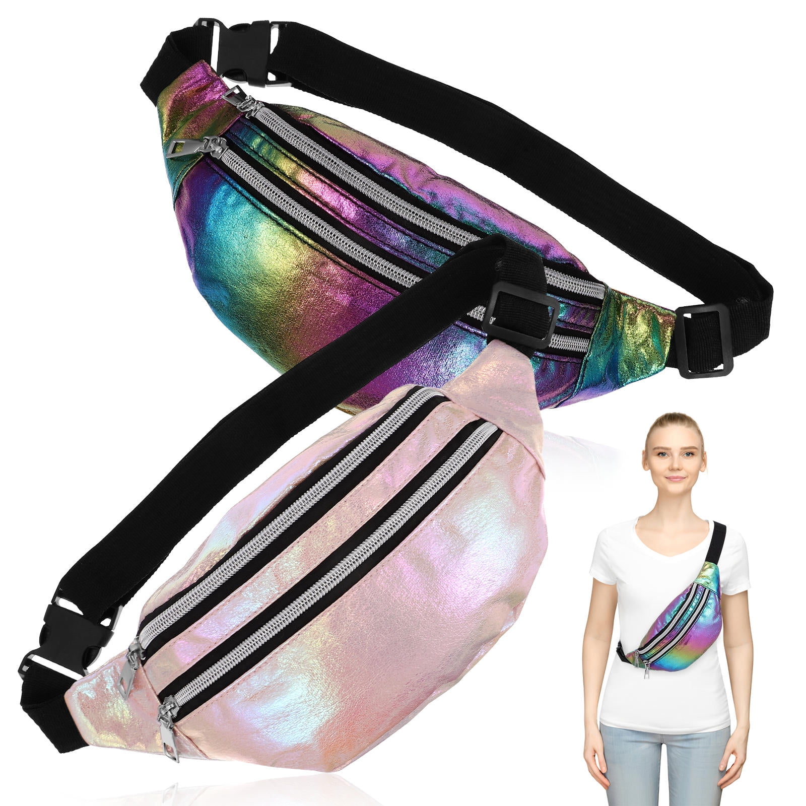 FONWILYO 2Pcs Fanny Packs for Girls Shiny Belt Bags Pink Multi Colorful ...