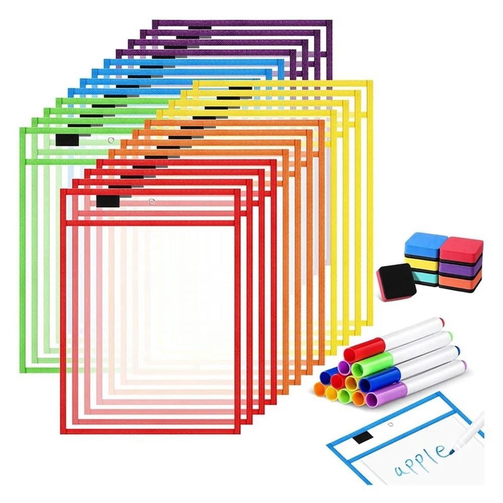 FOR 1PCS Dry Erase Pocket Reusable Sleeves With Dry Erase Markers Mini ...