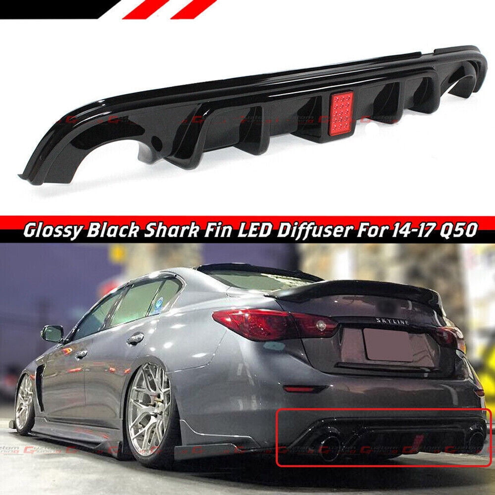 FOR 2014-2017 INFINITI Q50 GLOSSY BLACK REAR BUMPER DIFFUSER W/ LED ...