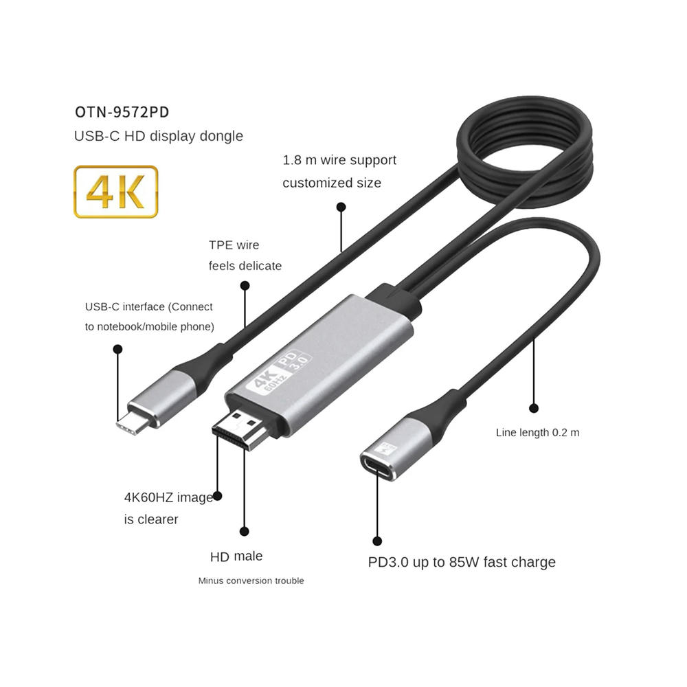 FOR 4K@60Hz Type C to HDMI-Compatible Cable Screen Mirroring Device for ...
