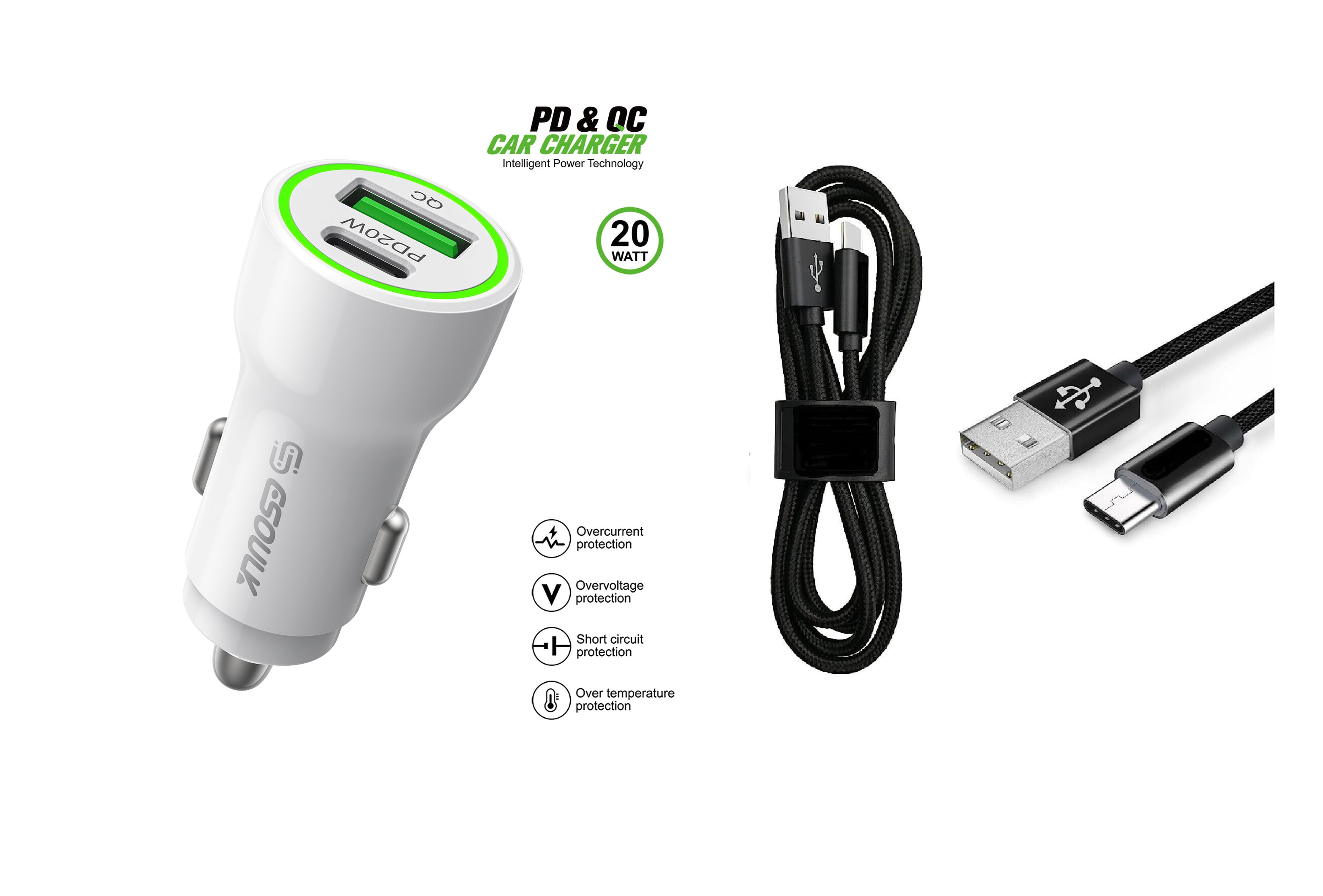 FOR TCL ION V T607DL 20W Car Charger PD + 2.4A USB with 3ft A to C ...