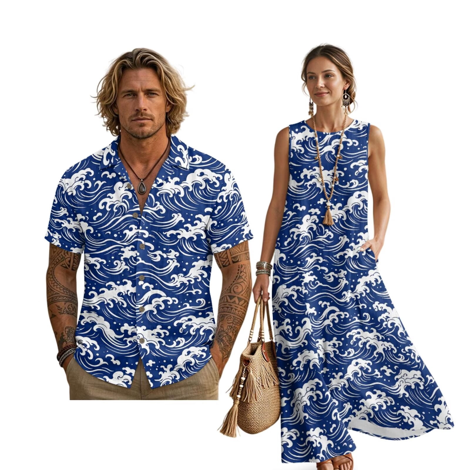 FOR U DESIGNS Blue Sea Wave Print Matchable Couple Clothes Set Linen ...