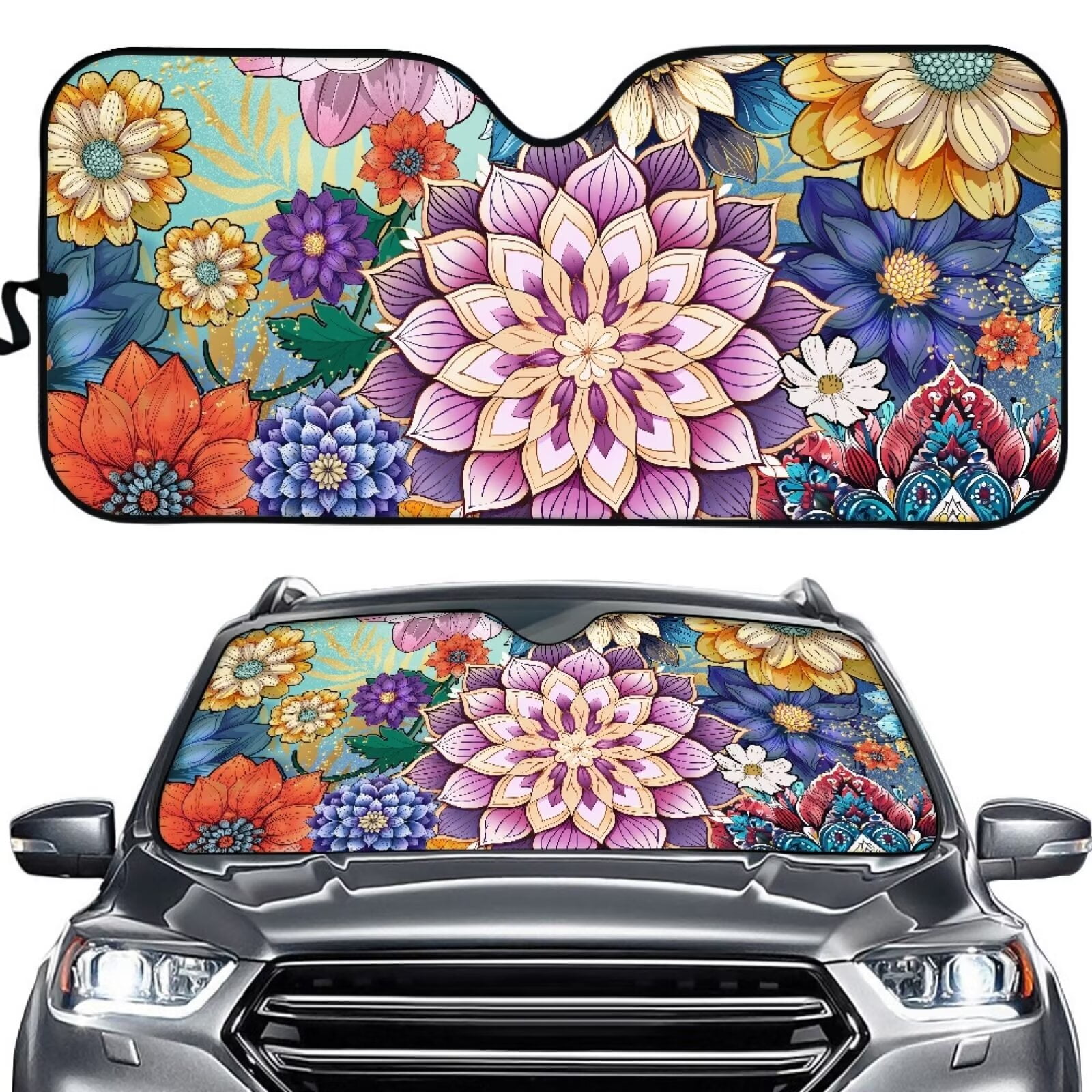 FOR U DESIGNS Boho Mandala Flower Car Sunshade Windshield Foldable ...
