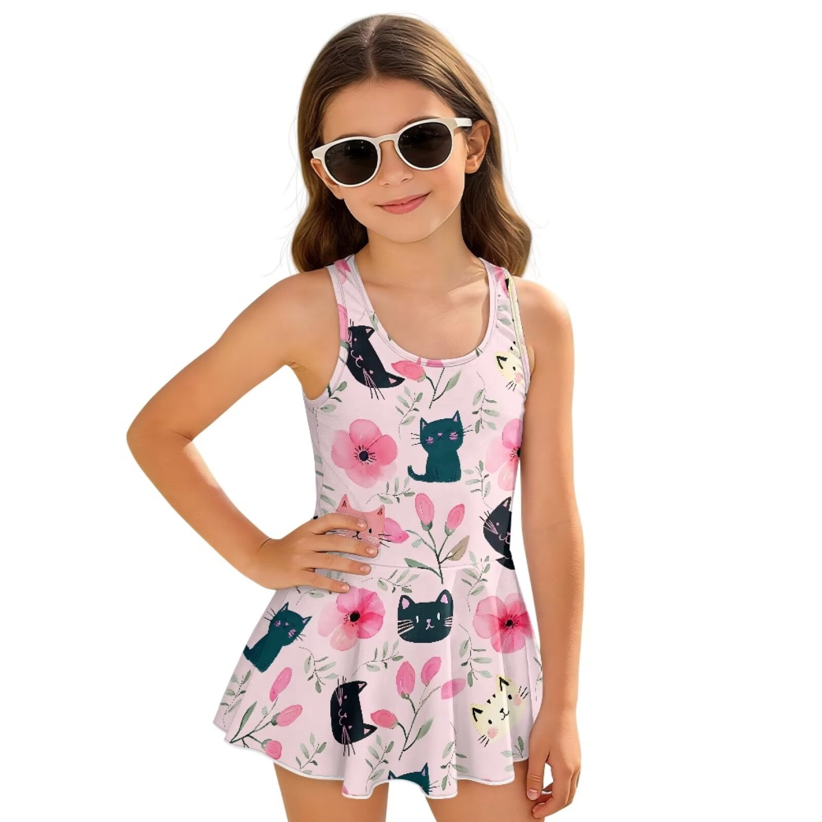 FOR U DESIGNS Cartoon Cat Flower Print Girls Swimsuit with Skirt One ...