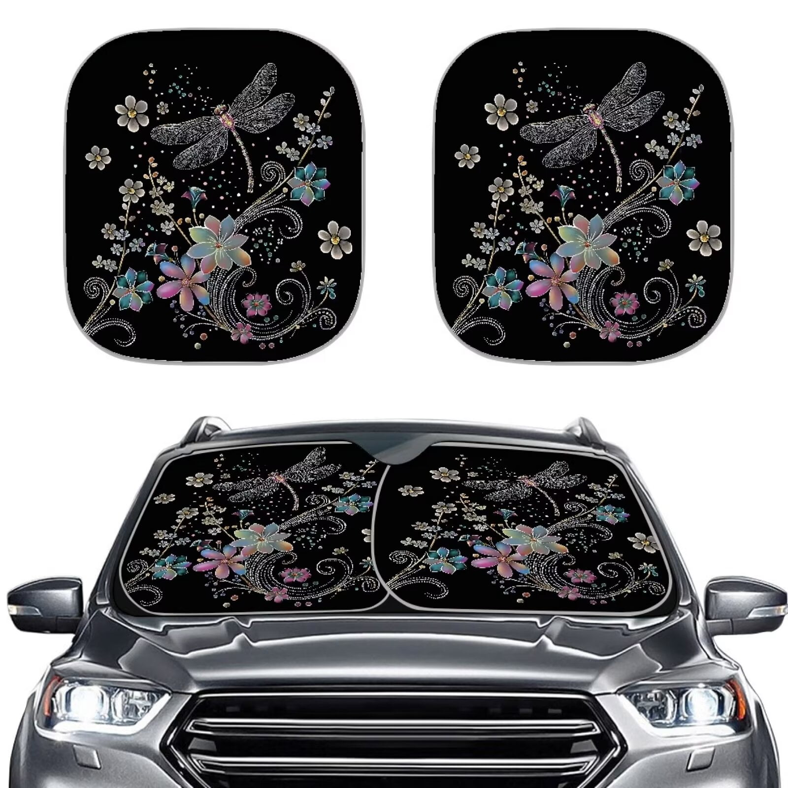 FOR U DESIGNS Dragonfly Flowers Car Window Sun Shades Foldable Car ...