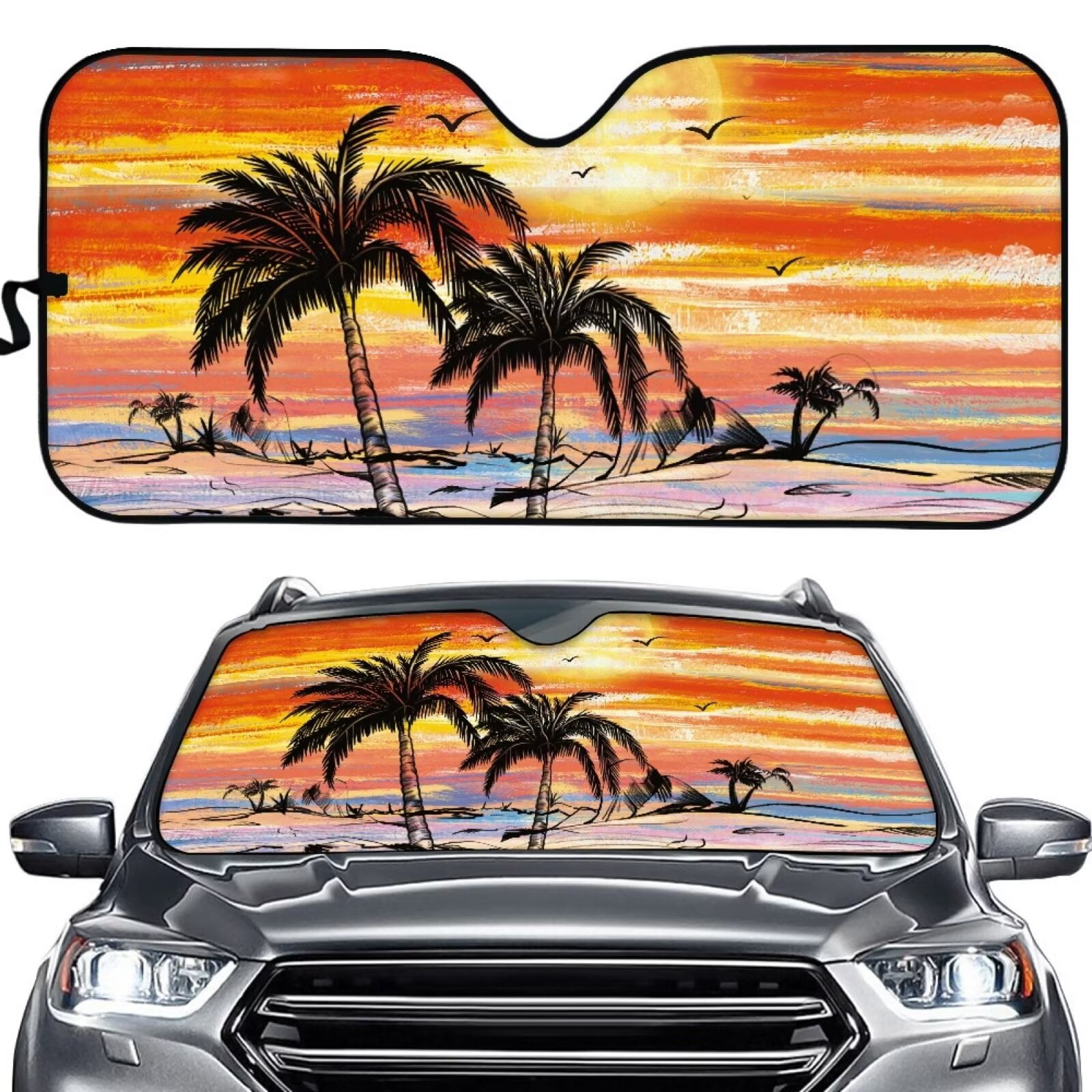 FOR U DESIGNS Seaside Coconut Tree Windshield Car Sun Shade for Car SUV ...