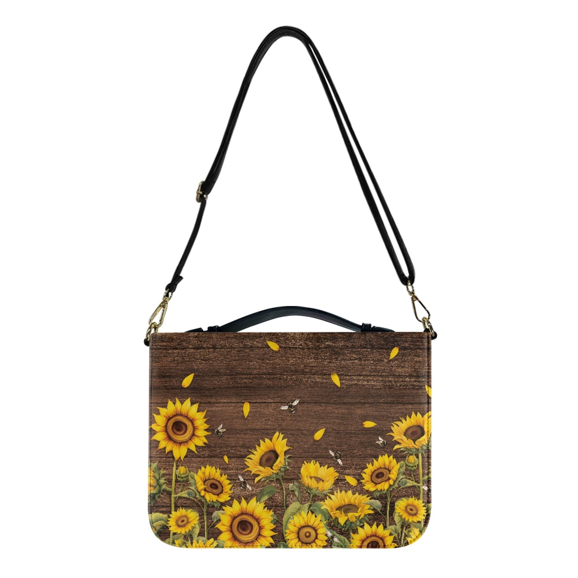 FOR U DESIGNS Sunflower Bees Wood Bible Cover Case with Shoulder Strap ...