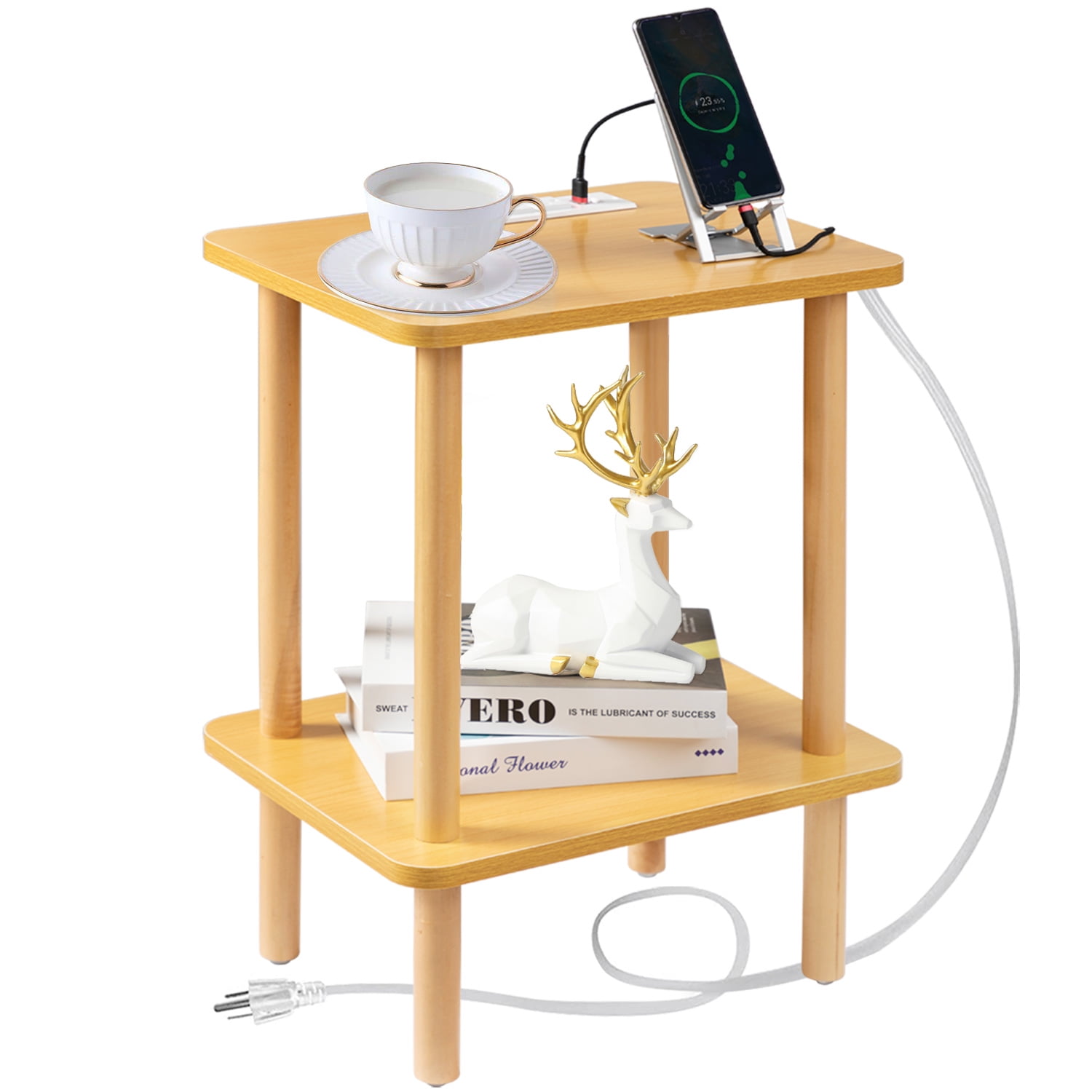 FORAOFUR Small End Table, 2-Tier Side Table with Charging Station, USB ...