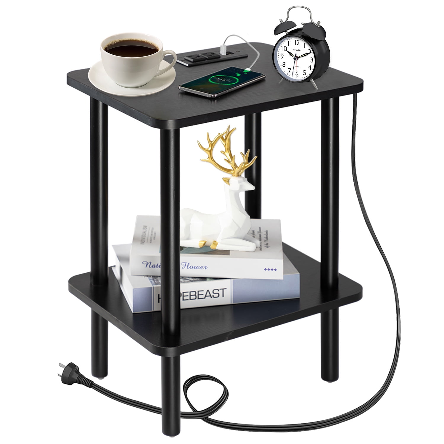 FORAOFUR Small End Table with outlet, 2-Tier Low Side Table with ...