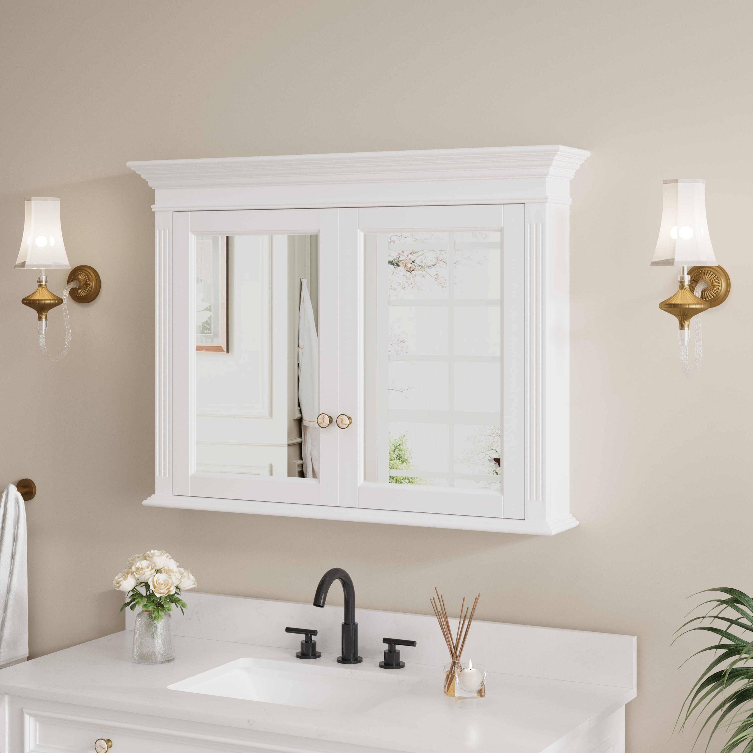 FORCLOVER 40" x 30" Wall Mounted Bathroom Medicine Cabinet with Double-Side Mirrors, Solid Wood ...