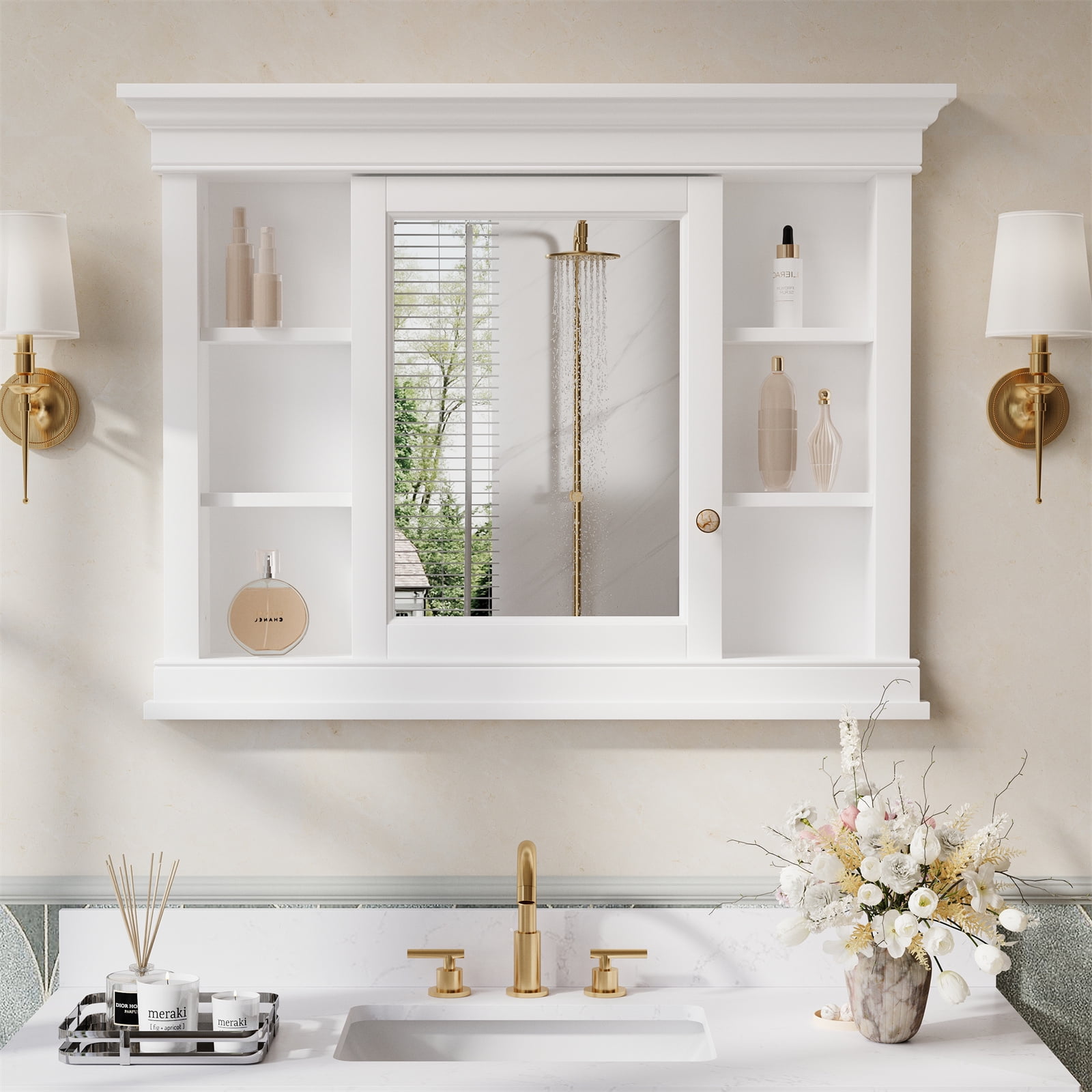 FORCLOVER 42" x 32" Recess Mount Bathroom Mirror Cabinet, Solid Wood ...