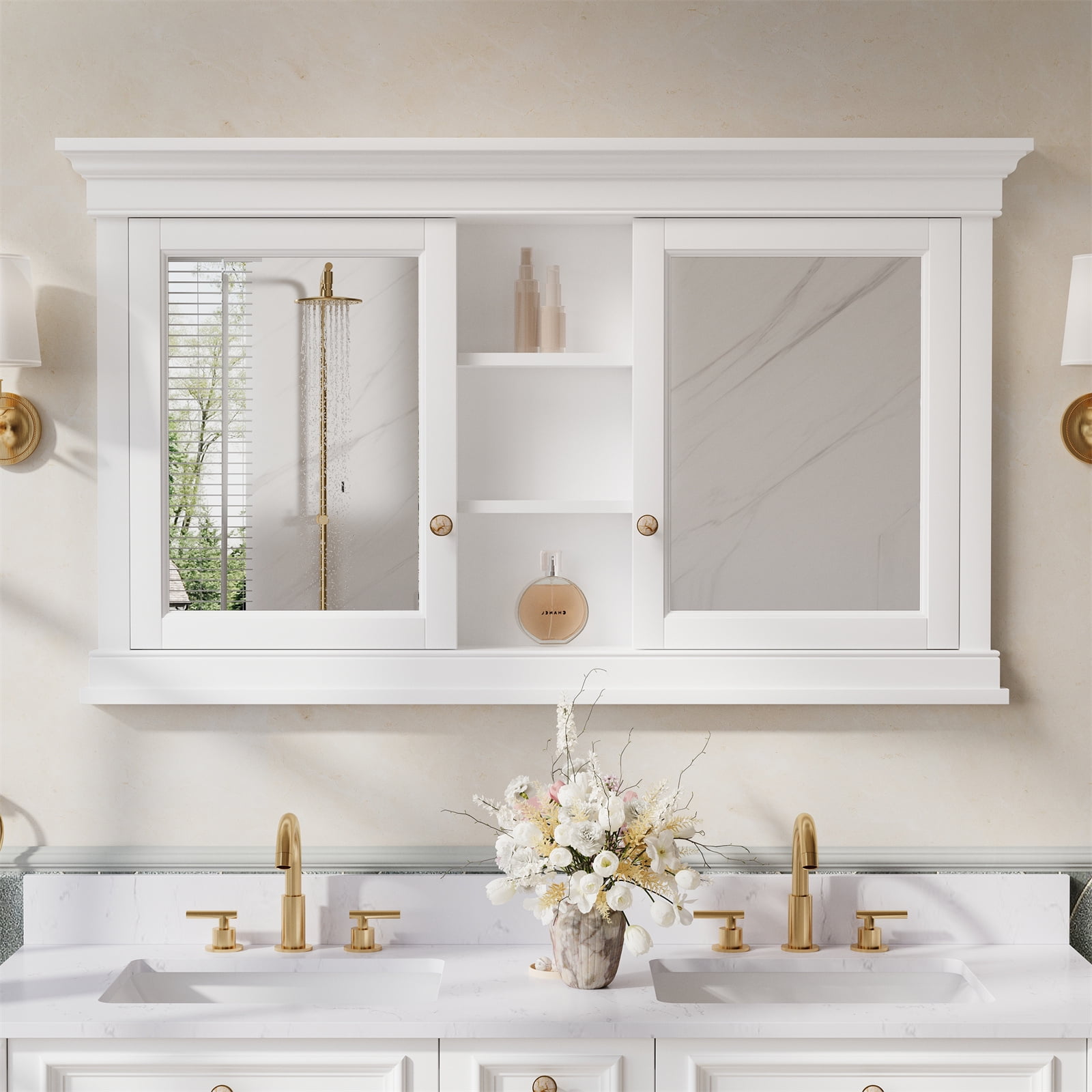 FORCLOVER 55" x 32" Recess Mount Bathroom Mirror Cabinet, Solid Wood ...