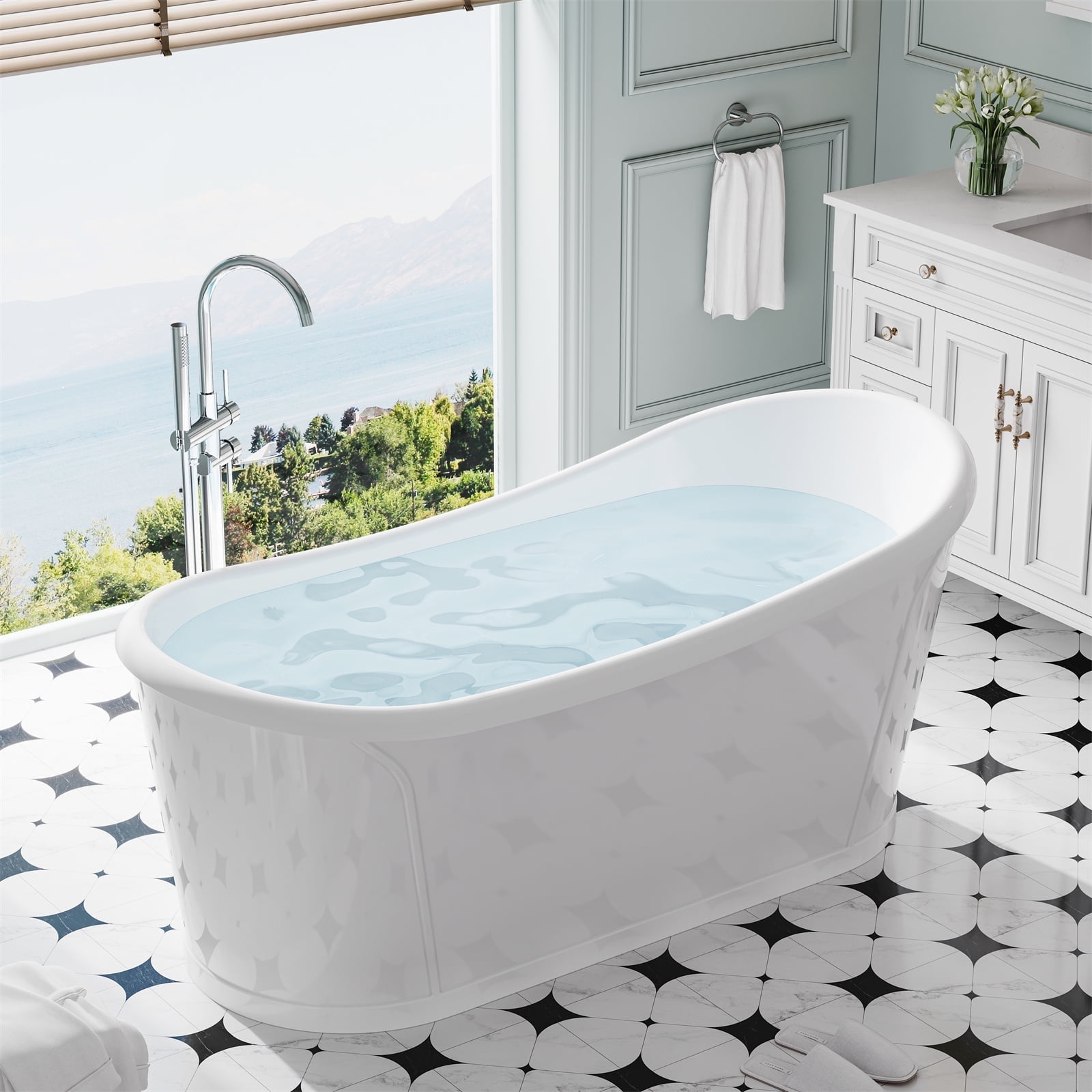 FORCLOVER 66" Acrylic Freestanding Bathtub, Soaking White Bathtub with ...