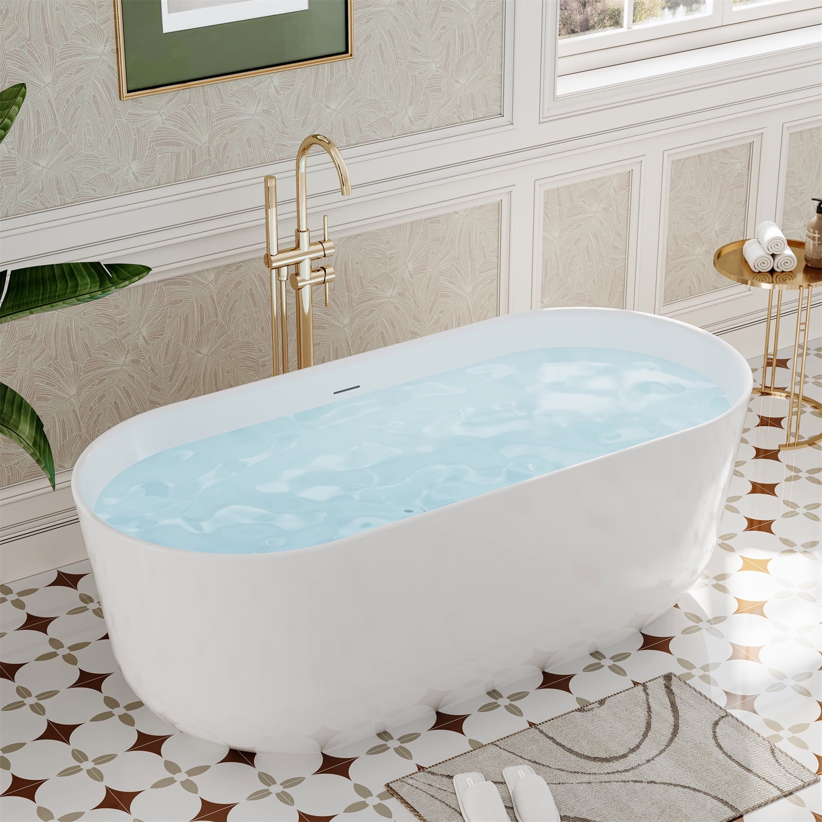 FORCLOVER 67" Acrylic Freestanding Bathtub, Soaking White Bathtub with White Drain and ...