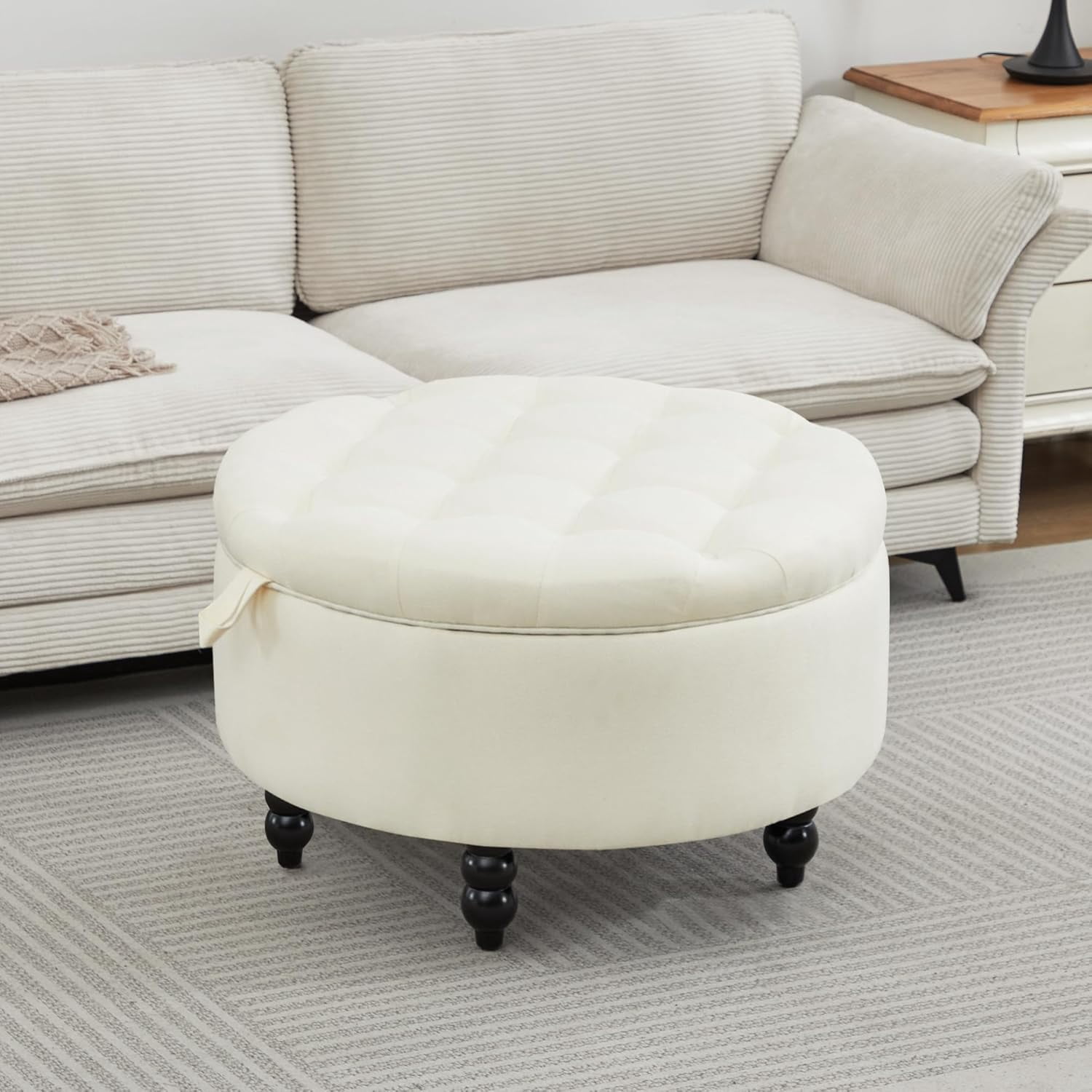 FOREDO 30 Inch Fabric Round Storage Ottoman with Tray, Modern ...