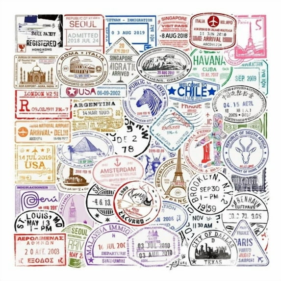 FORGE- 50 Retro Customs Stamp Stickers World Travel Tourist Decals Set ...