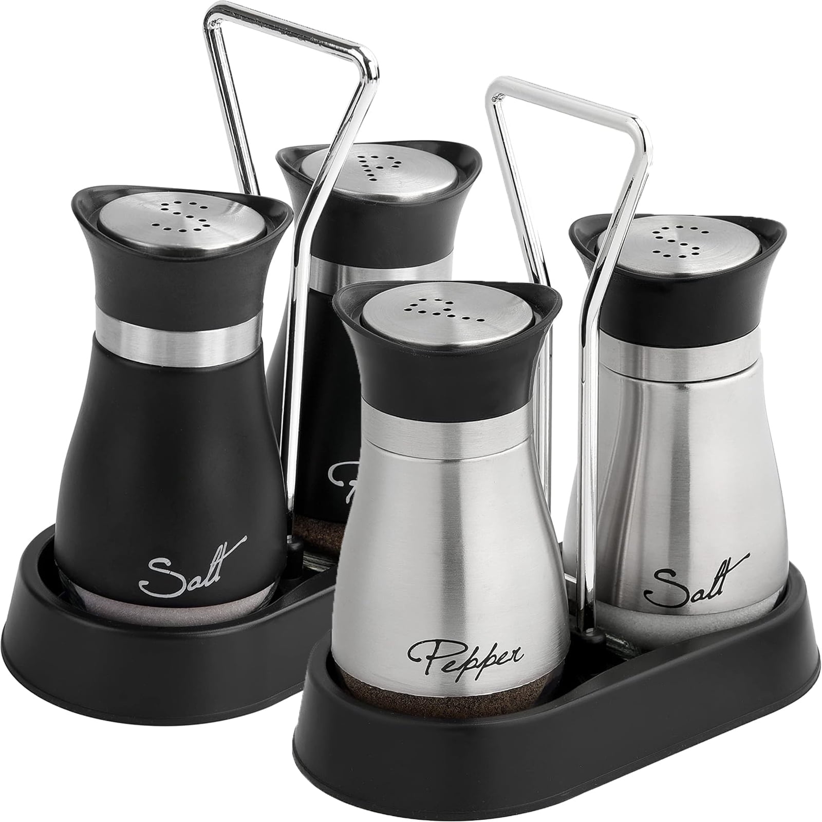 FORICOM 4-Piece Salt & Pepper Shaker Set with Stand, Stainless Steel ...