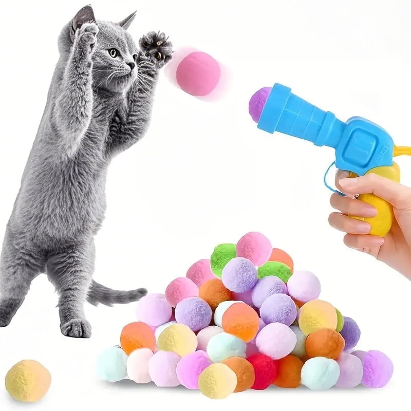 FORICOM Cat Toy Ball Set, 50pcs Plush Cat Pom Pom Balls & 1 Plastic ...