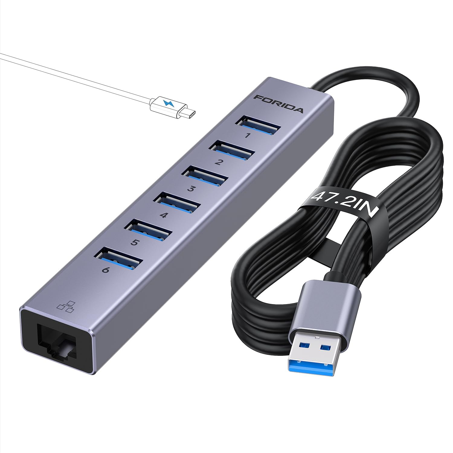 FORIDA 7 Port USB Hub - USB Ethernet HUB with 3.9ft Long Cable for ...