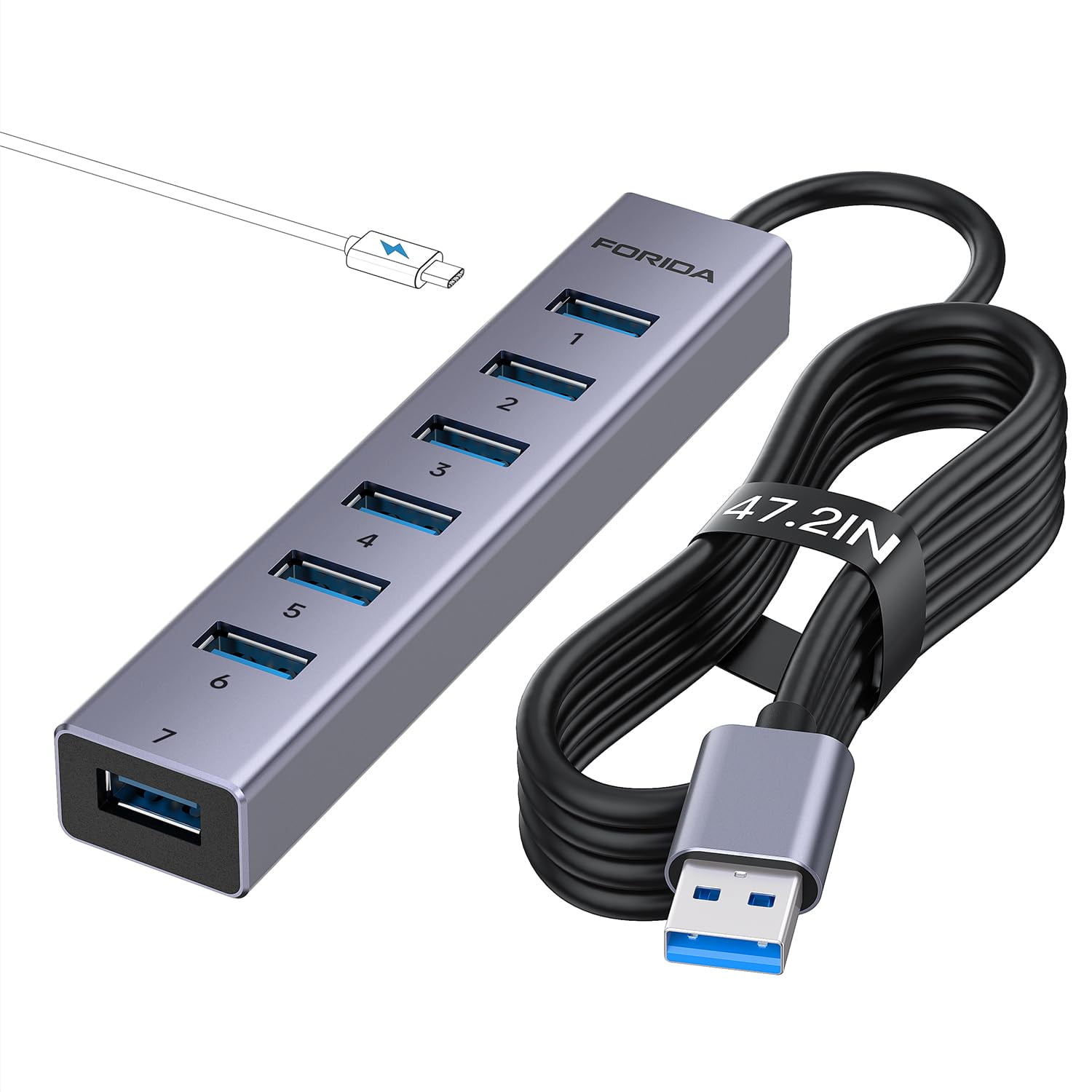 FORIDA Aluminum Alloy 8 Port USB Hub Long Cable USB Splitter with 7 ...
