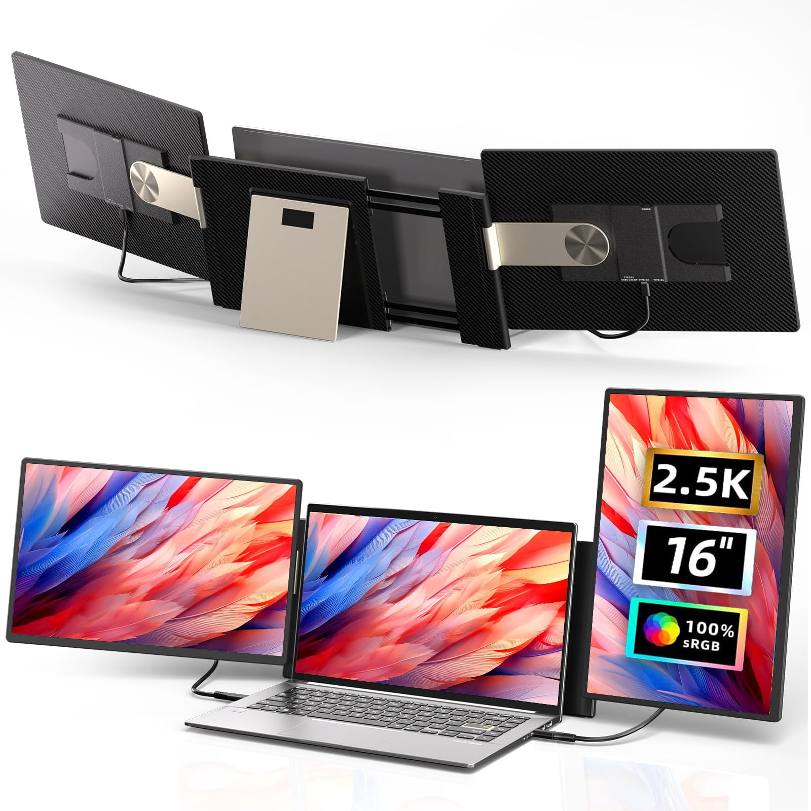 FORKA 16" Triple Laptop Screen Extender, 2.5K QHD Portable Dual Monitor ...