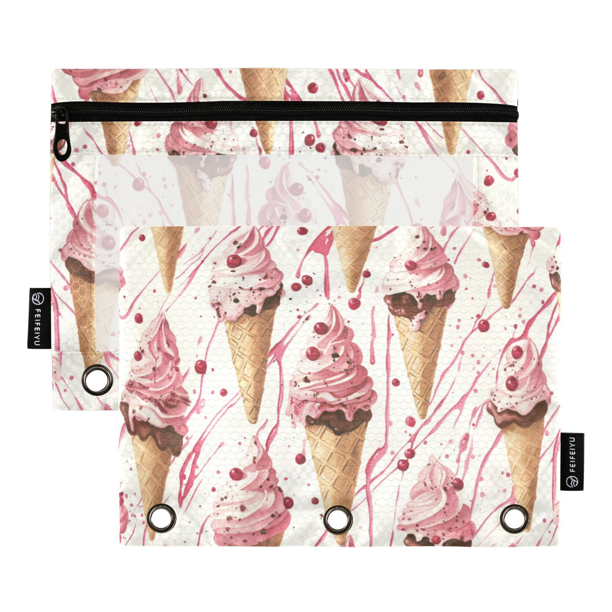 FORMRS 2 Pack Pencil Pouch for 3 Ring Binder with Clear Window Zipper Case, Pink Ice Cream ...