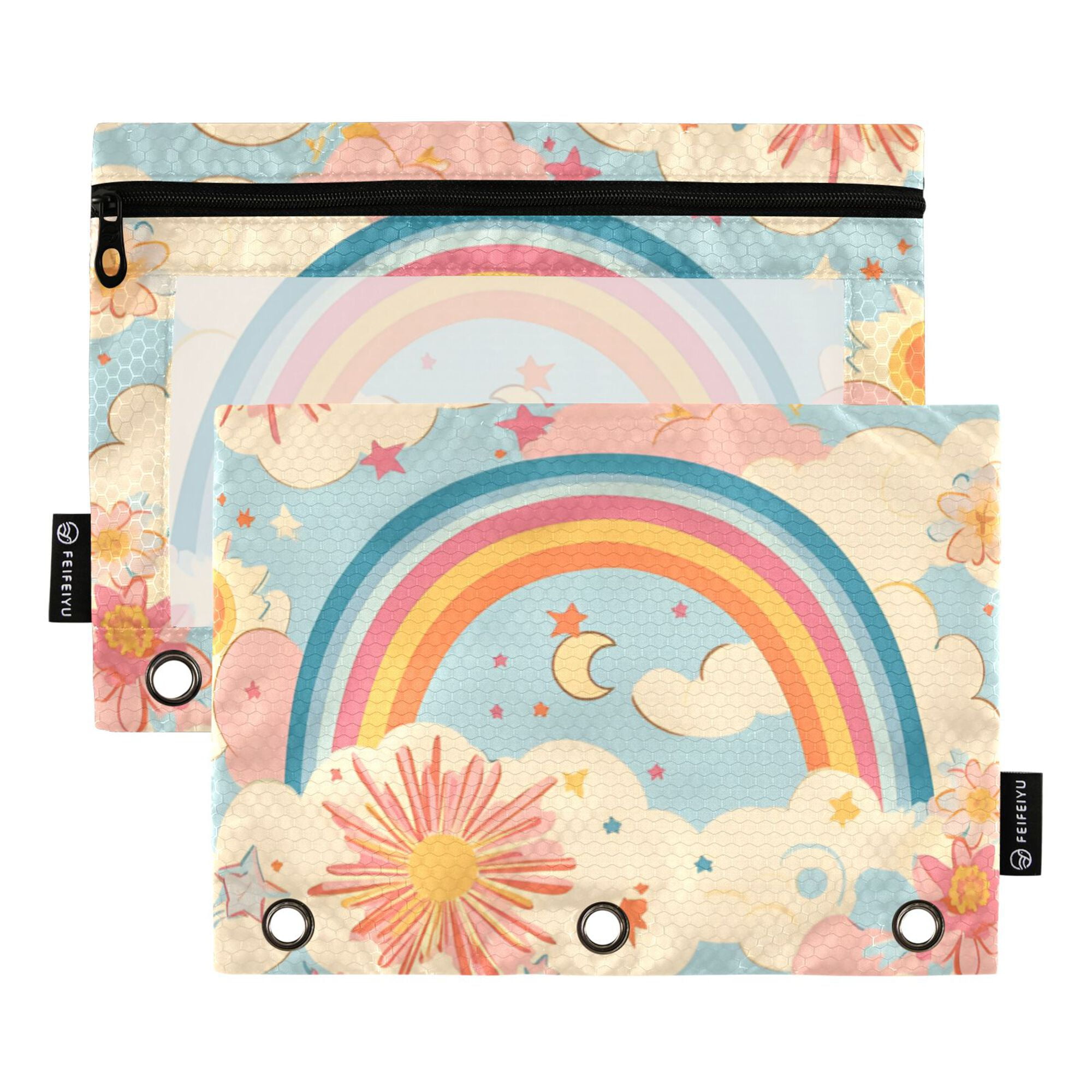 FORMRS 2 Pack Pencil Pouch for 3 Ring Binder with Clear Window Zipper Case, Pink Retro Sun ...