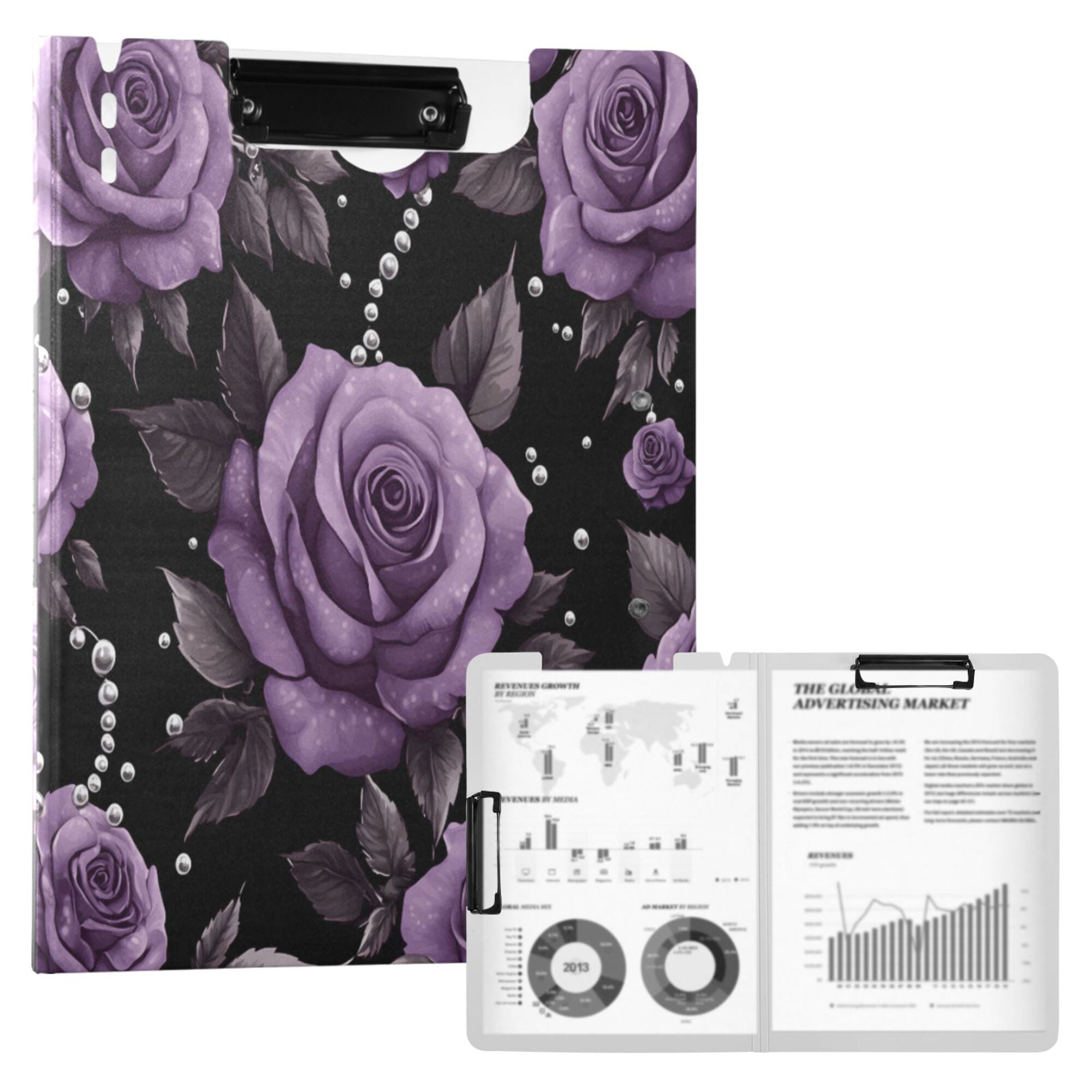 FORMRS A4 Clipboard Folder with Pen Holder Horizontal Foldable School Office Binder, Black Roses ...