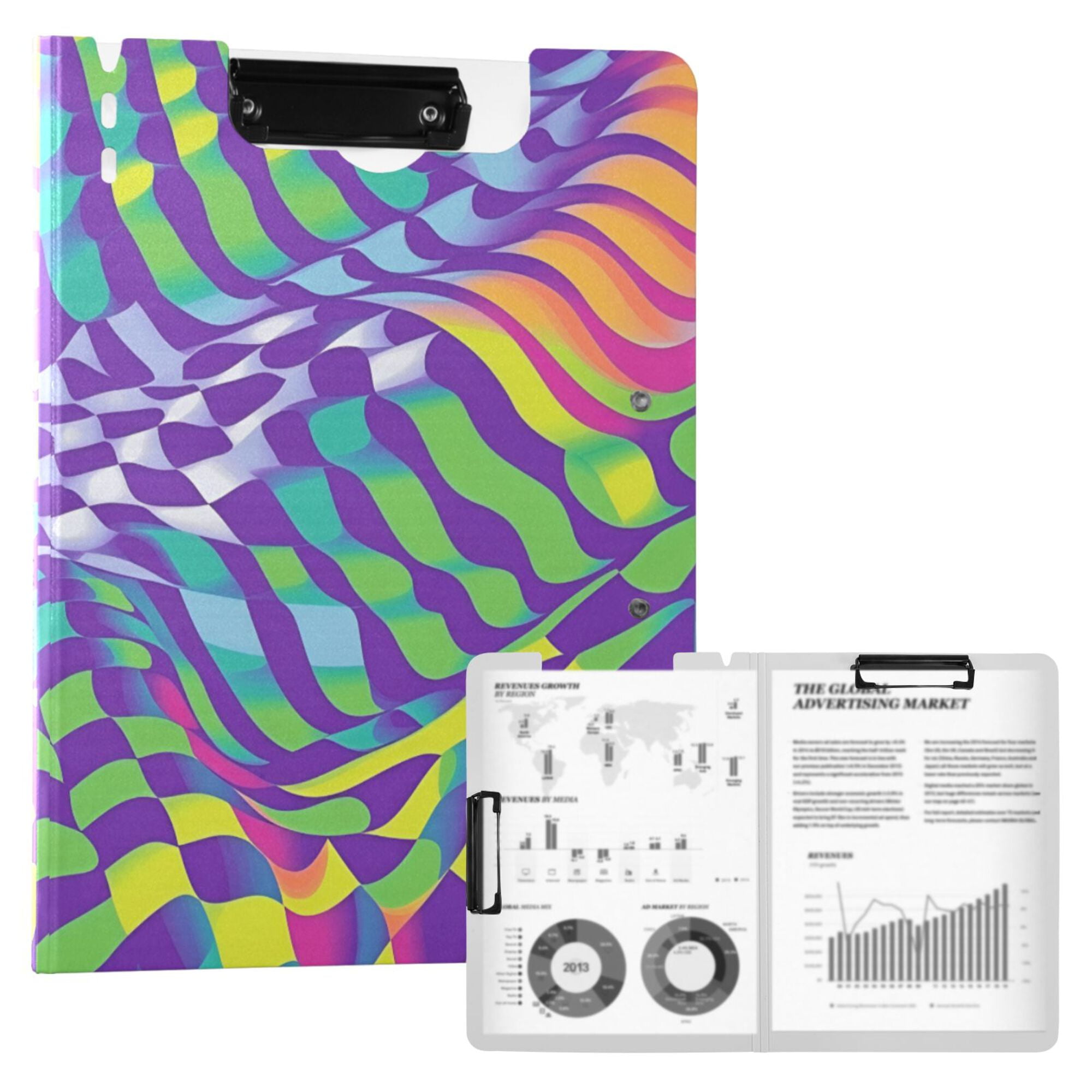 FORMRS A4 Clipboard Folder with Pen Holder Horizontal Foldable School Office Binder, Green Wavy ...