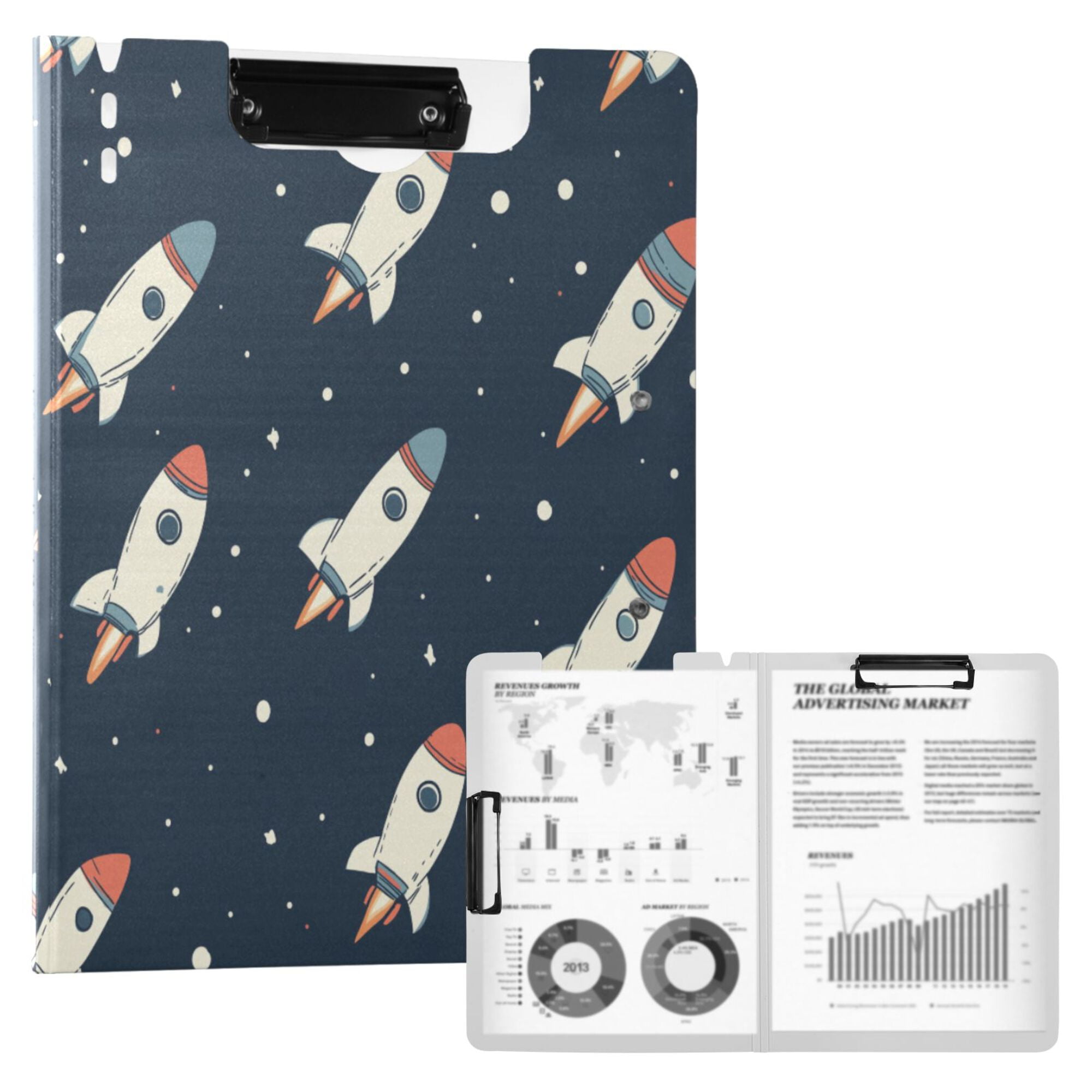 FORMRS A4 Clipboard Folder with Pen Holder Horizontal Foldable School Office Binder, Rocket ...