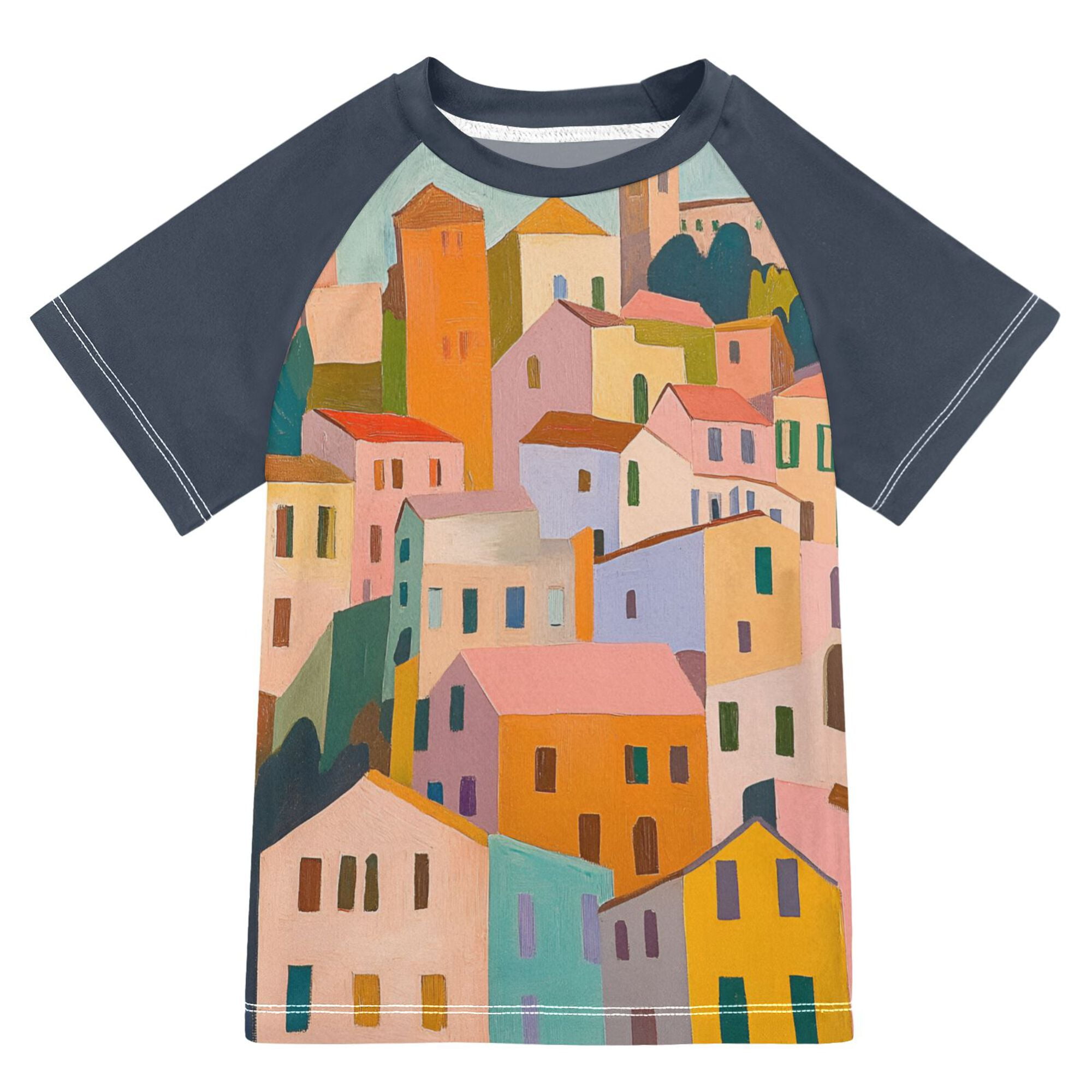 FORMRS Boys Rash Guard with Short Sleeves UPF 50+ Swim Shirts Sizes 3-12T, Orange Cityscape ...