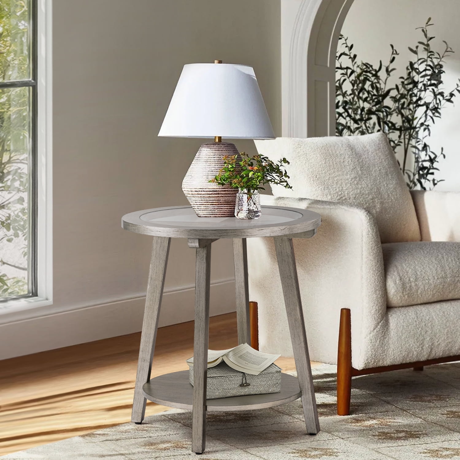 FOROUTIA 2-Piece Round End Table Set,Glass Top & Shelf,Antique Silver MDF Side Tables - Walmart.com
