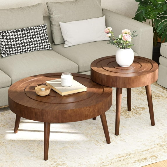FOROUTIA 2-Piece Round Nesting Table Set,Farmhouse Wood Coffee Tables ...
