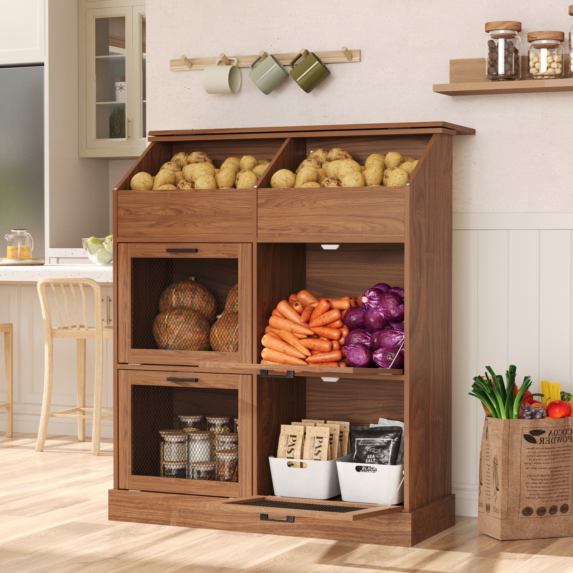 FOROUTIA Potato Storage Bin,Wood Vegetable Storage Box with Lid,Wooden ...