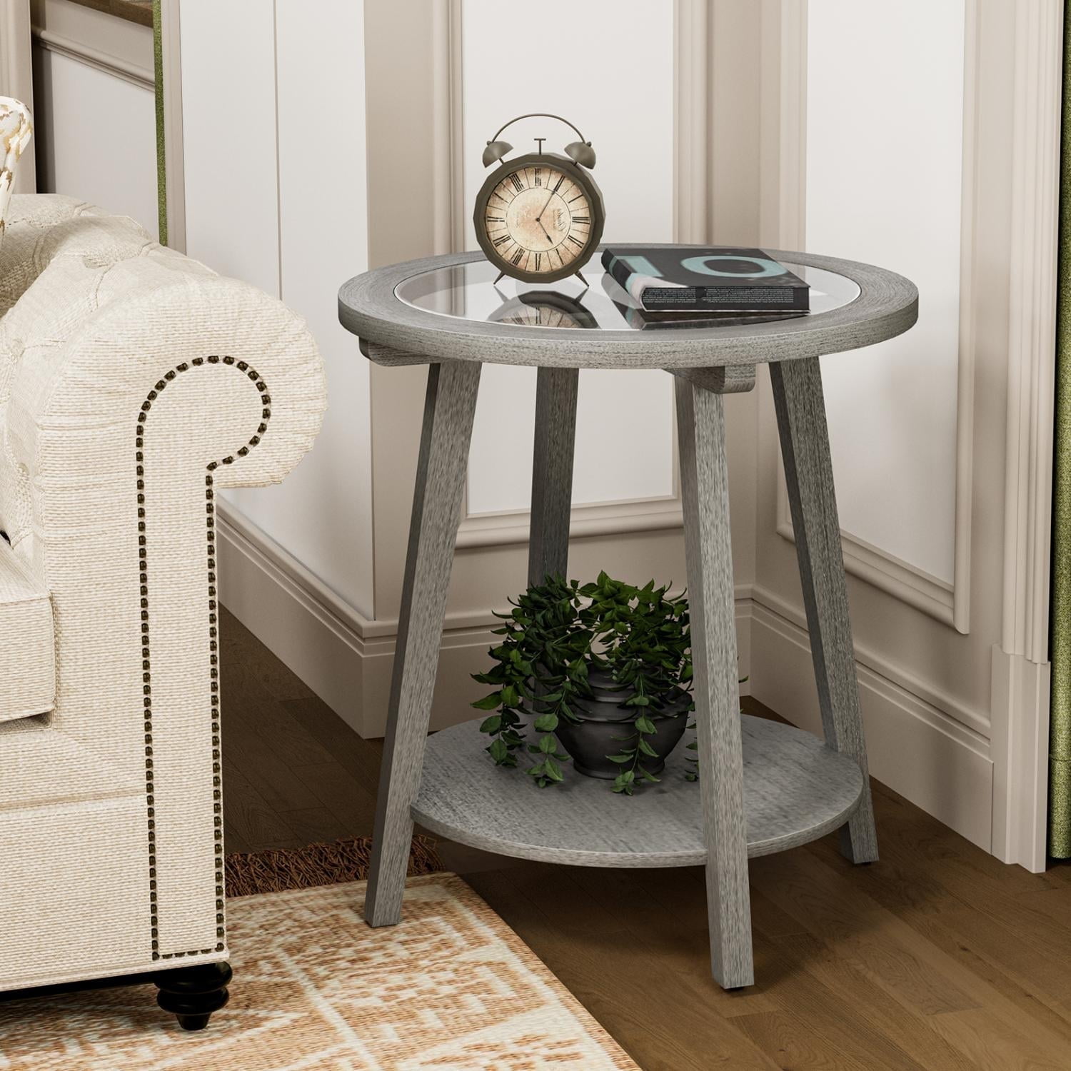FOROUTIA Round End Table,2-Tier MDF Side Table with Glass Top & Shelf ...