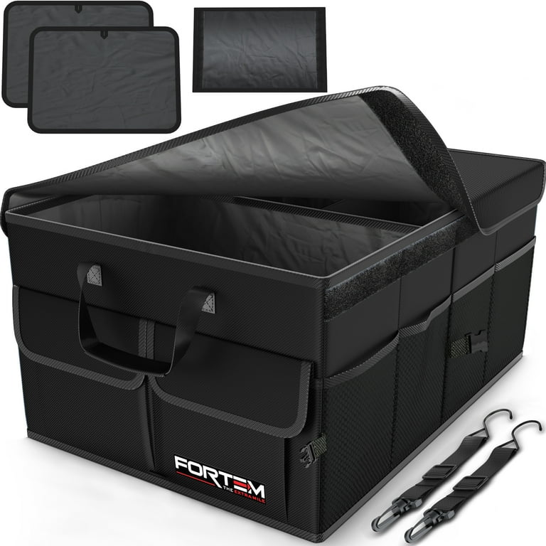 FORTEM Car Trunk Organizer Car Storage Organizer Collapsible Multi Compartment Car Organizer SUV Trunk Organizer Non Slip Bottom Adjustable Securing Straps Foldable Cover Black Standard Size Walmart.c...