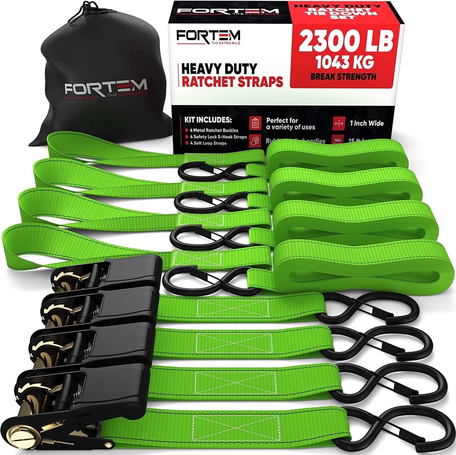 FORTEM Ratchet Straps, 2300lb Break Strength, 4 Pack 15ft x 1in Tie ...