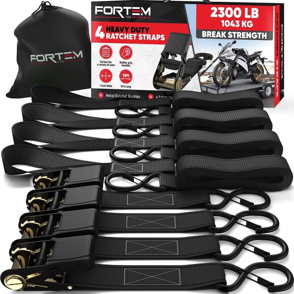 FORTEM Ratchet Straps, 2300lb Break Strength, 4 Pack 15ft x 1in Tie ...