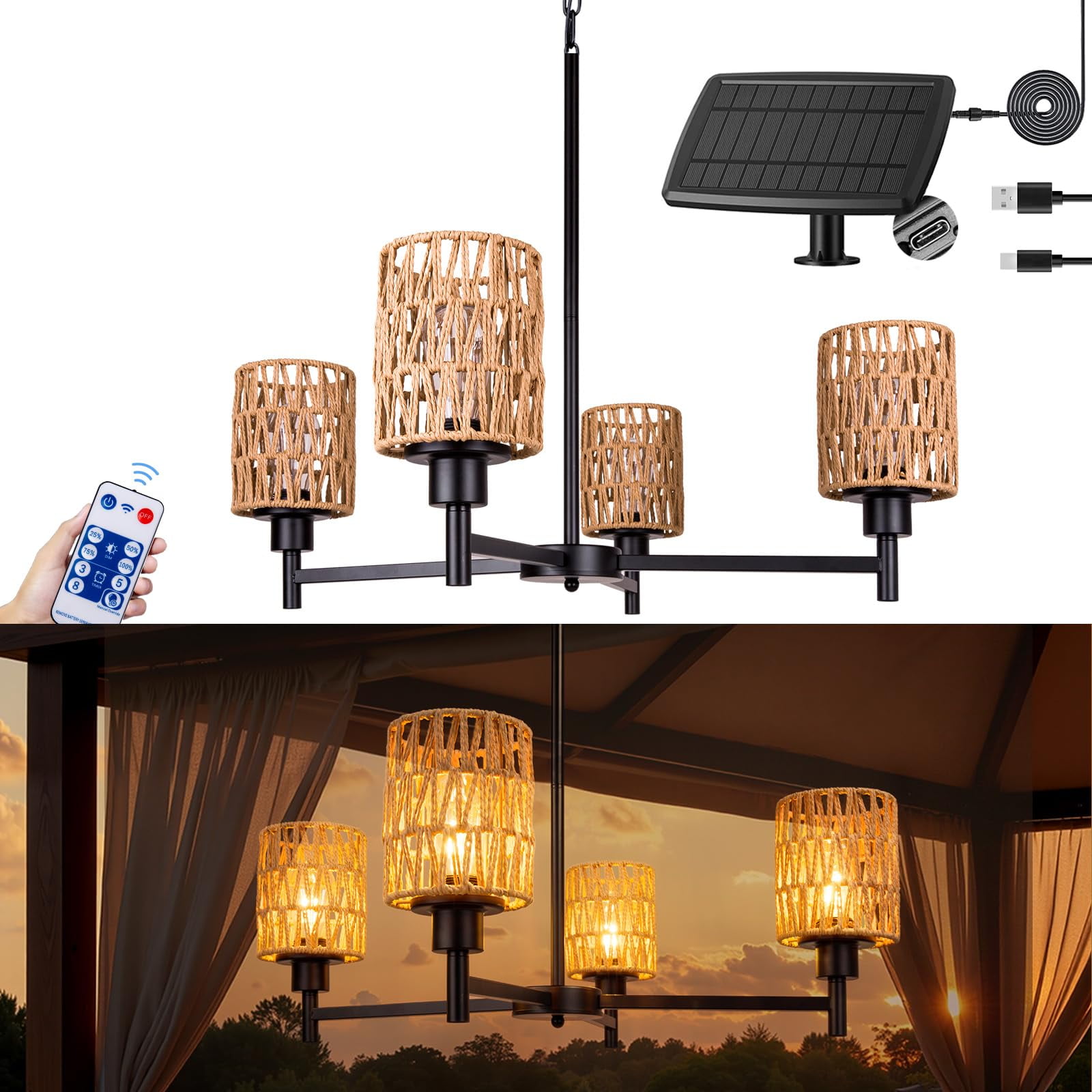ALL FORTUNE Outdoor Solar Chandelier, 4-Light 28" Hanging Pendant ...