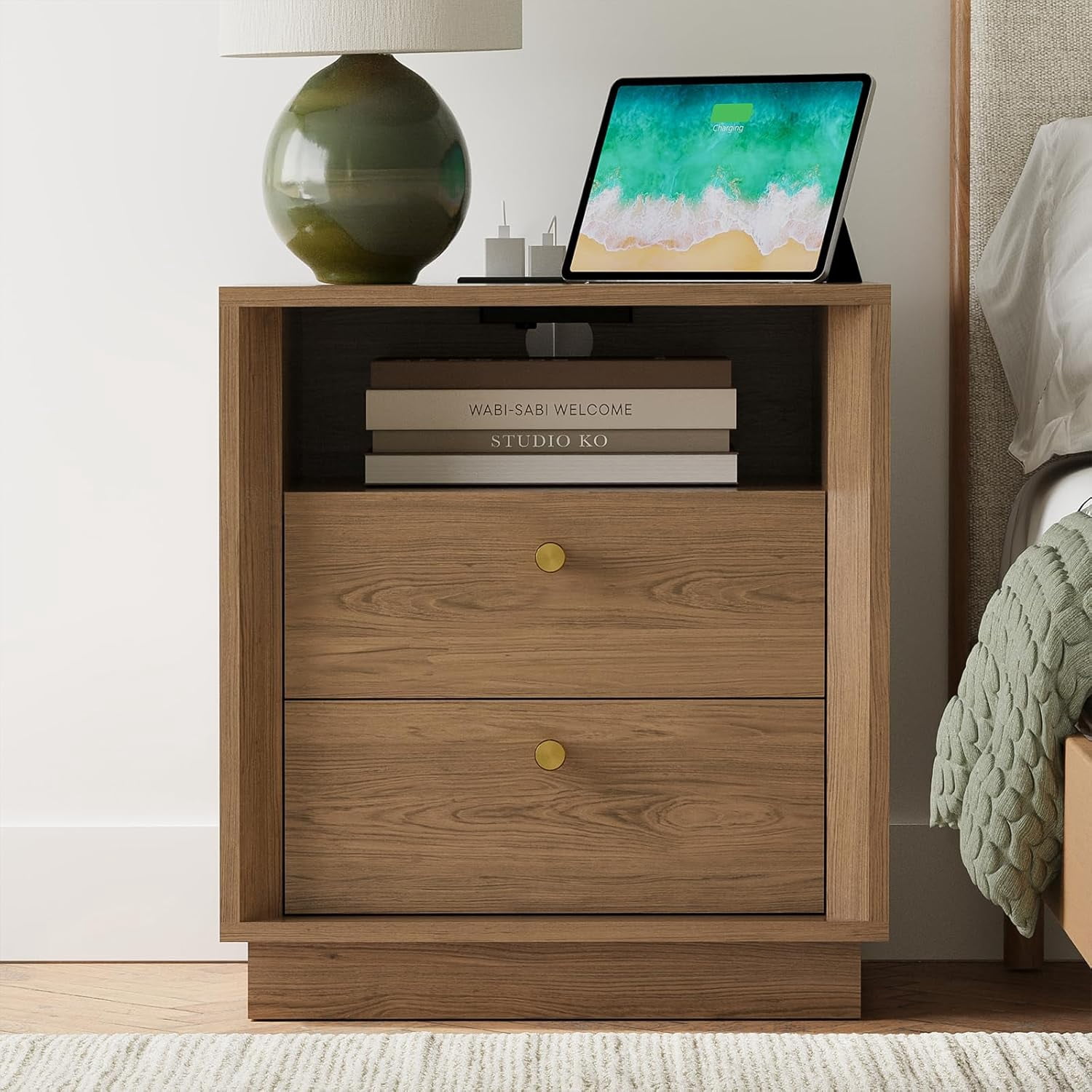 FORTUNETEC Nightstand with Charging Station, Mid Century Modern ...